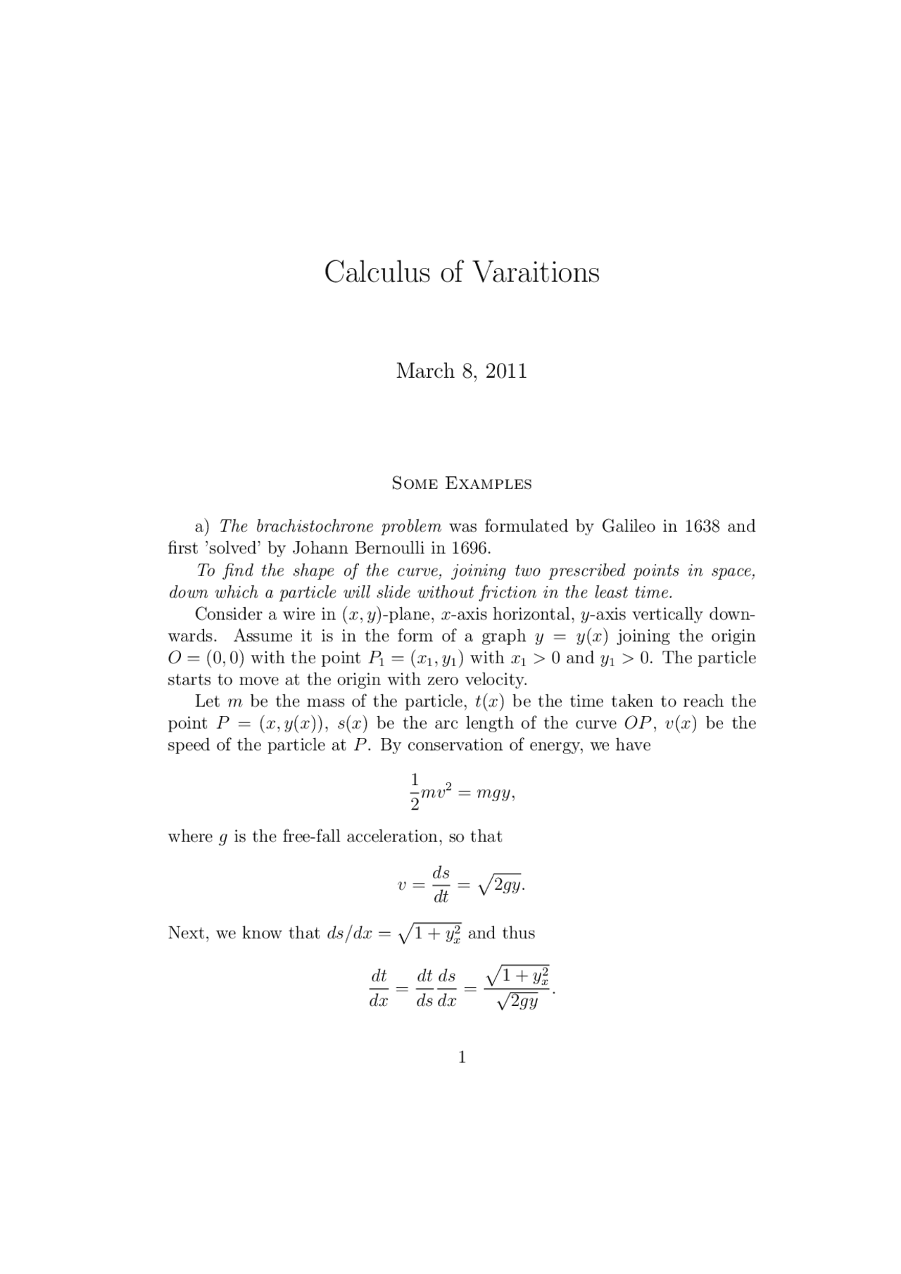 Calculus Of Variation Lecture Notes Mathematics Prof Alan Lee