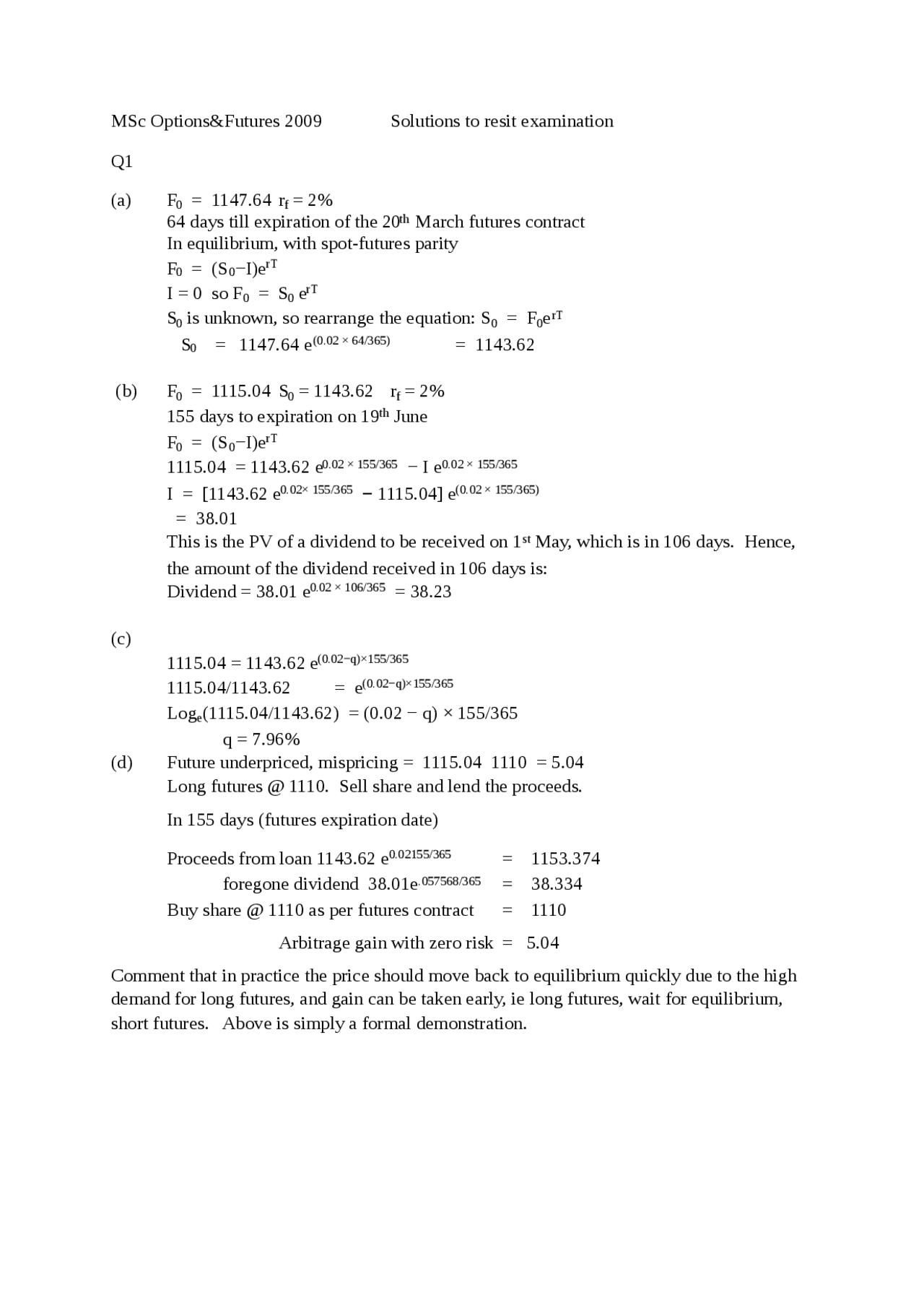Options And Futures Exam 2009 Solutions Docsity