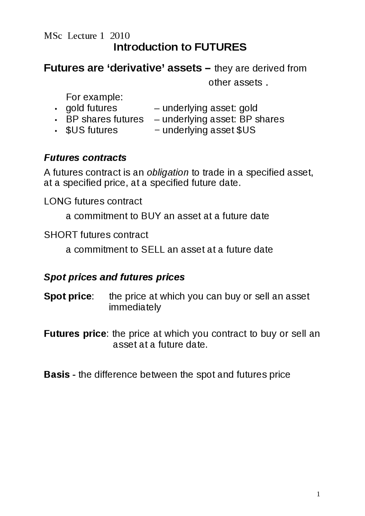 Options and Futures - Introduction to Futures - Lecture | Lecture notes ...