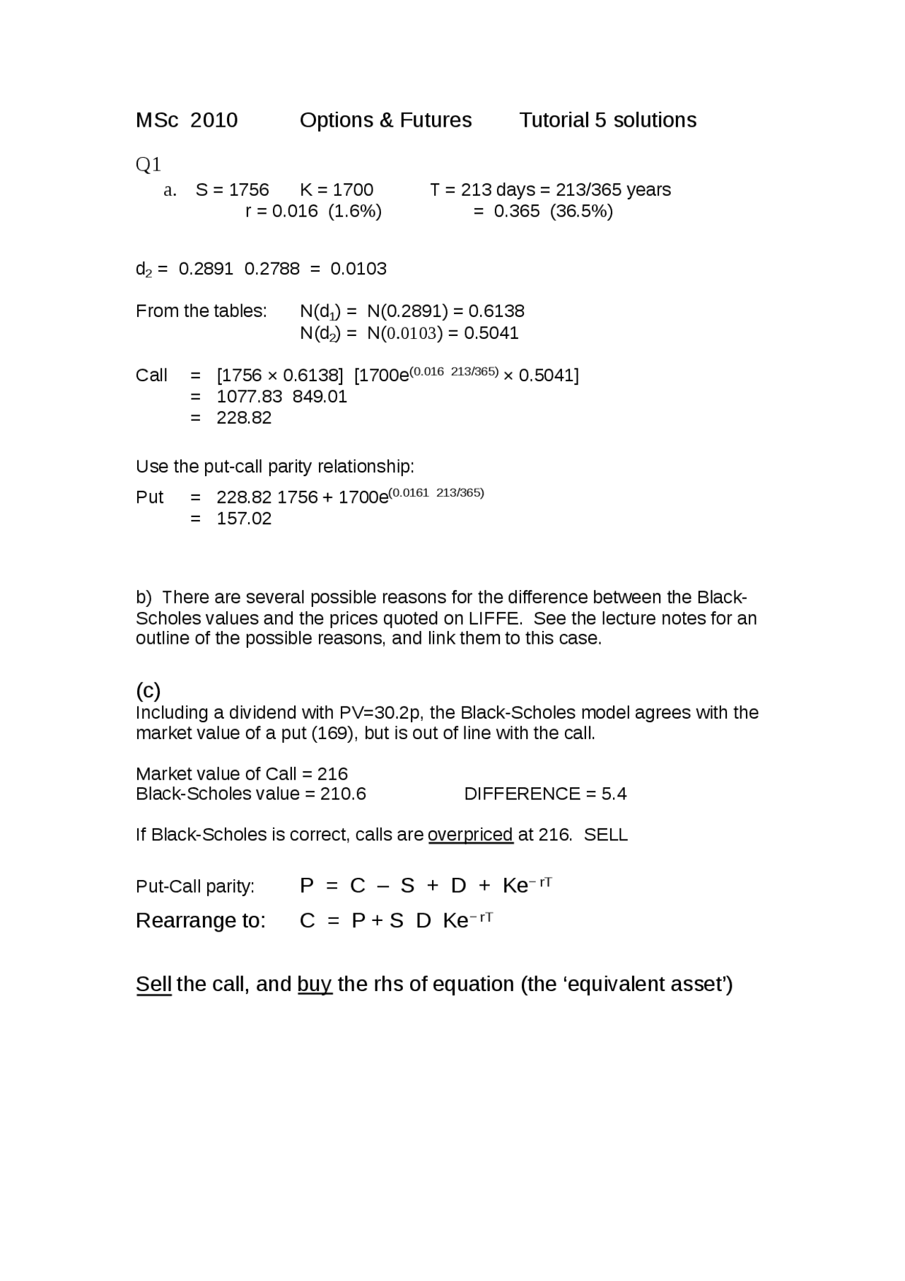 Options And Futures Tutorial 5 Solution Docsity