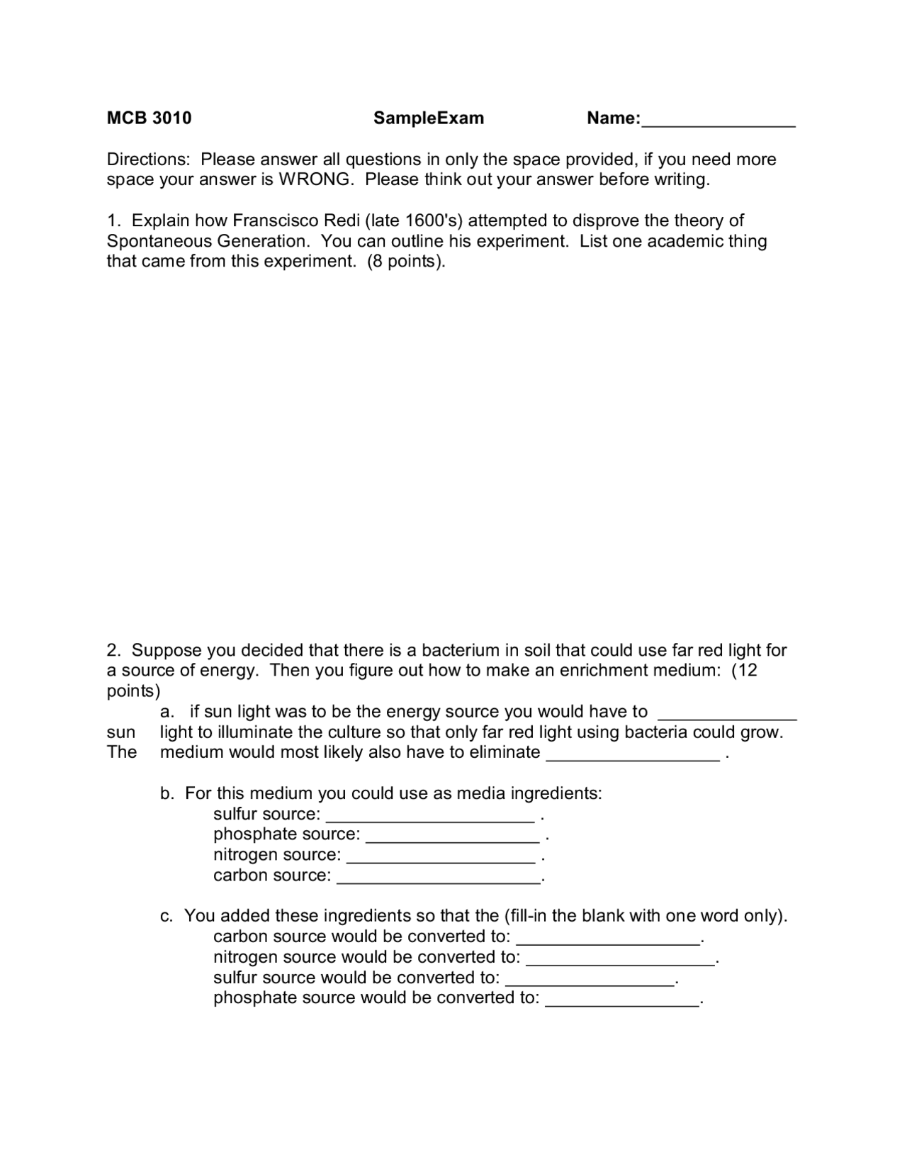 Sample Examination 1 On General Microbiology Mcb 3020 Docsity