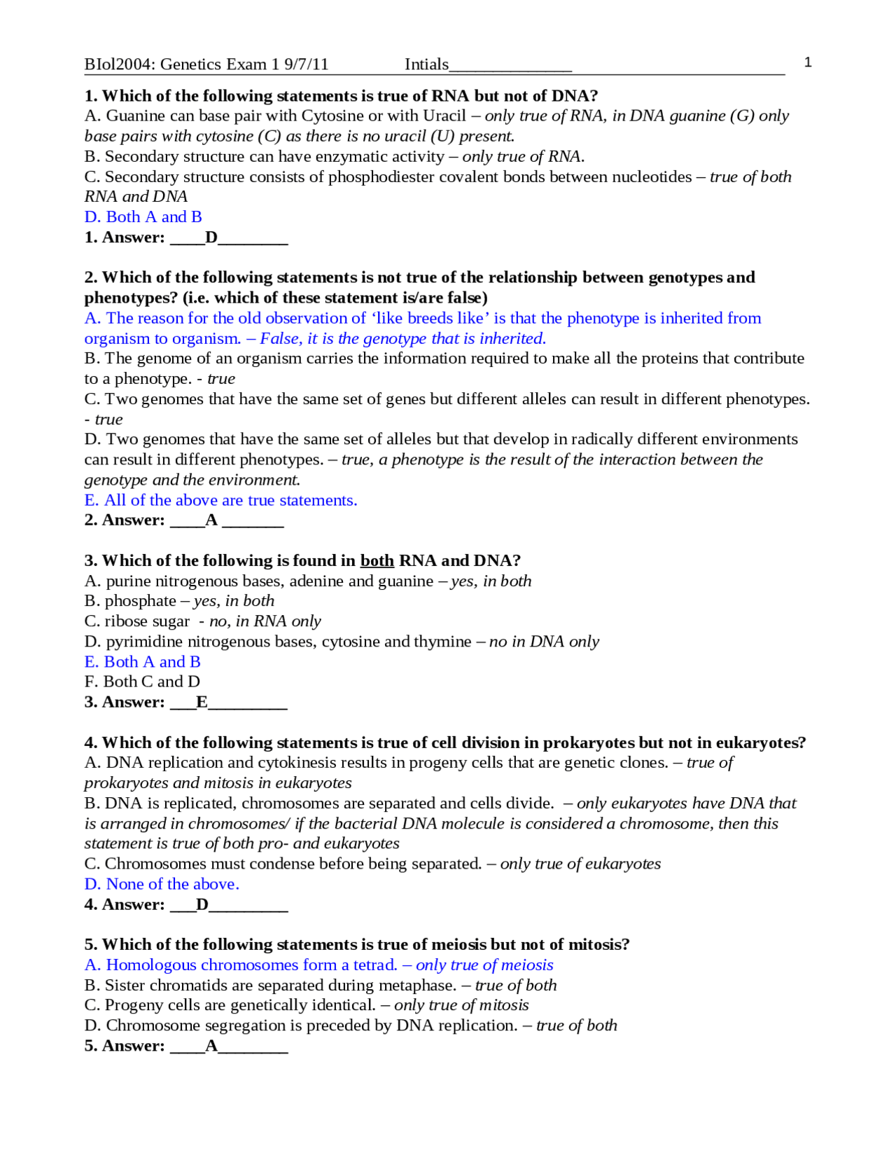 20 Mcqs With Answer Key Genetics Biol 2004 Docsity