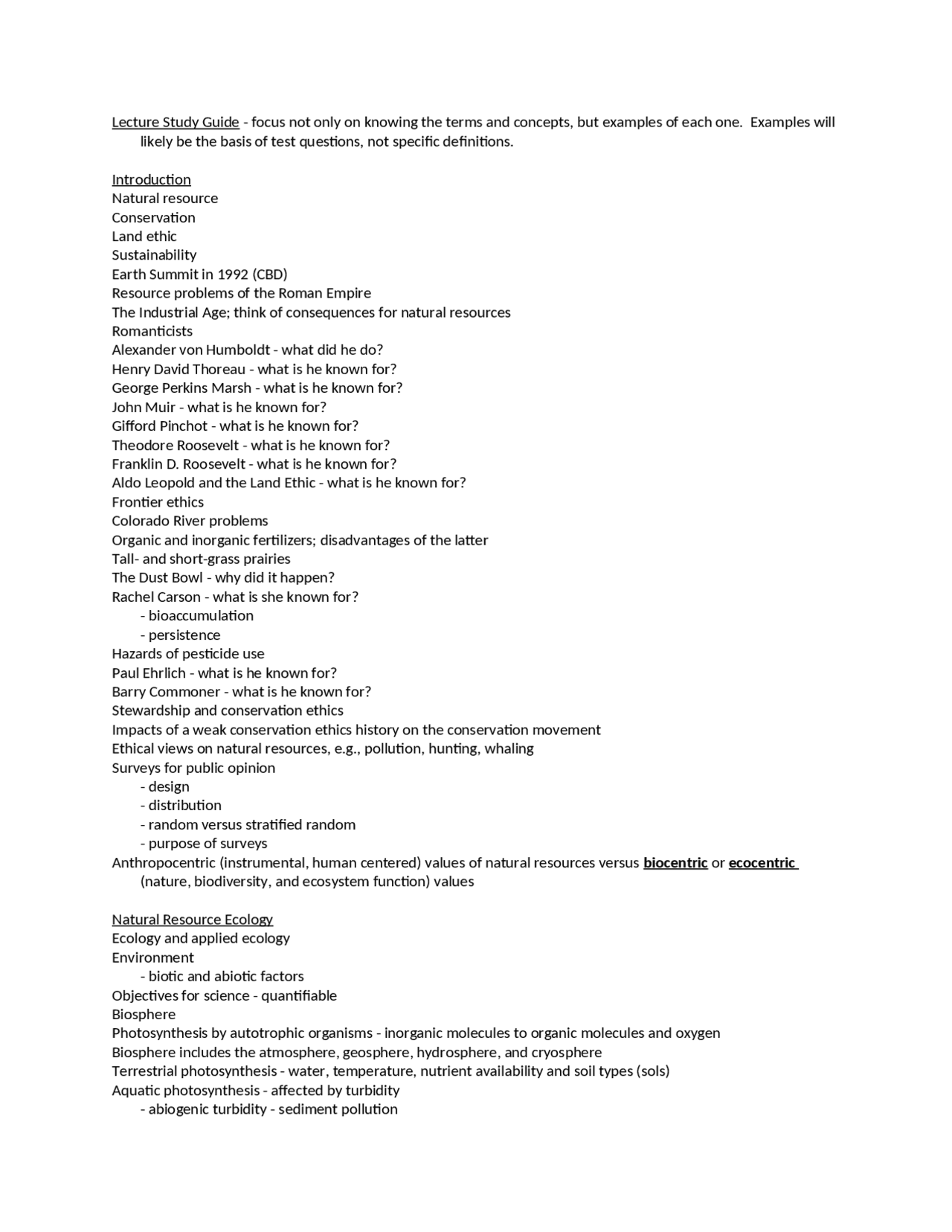 Exam 1 Study Guide - Renewable Natural Resources | RNR 1001 | Study ...