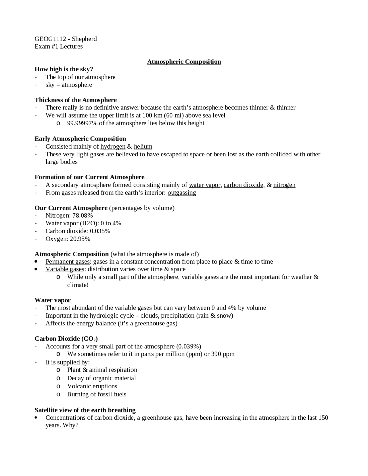 Early Atmospheric Compositions in Exam 1 - Study Guide | GEOG 1112 ...