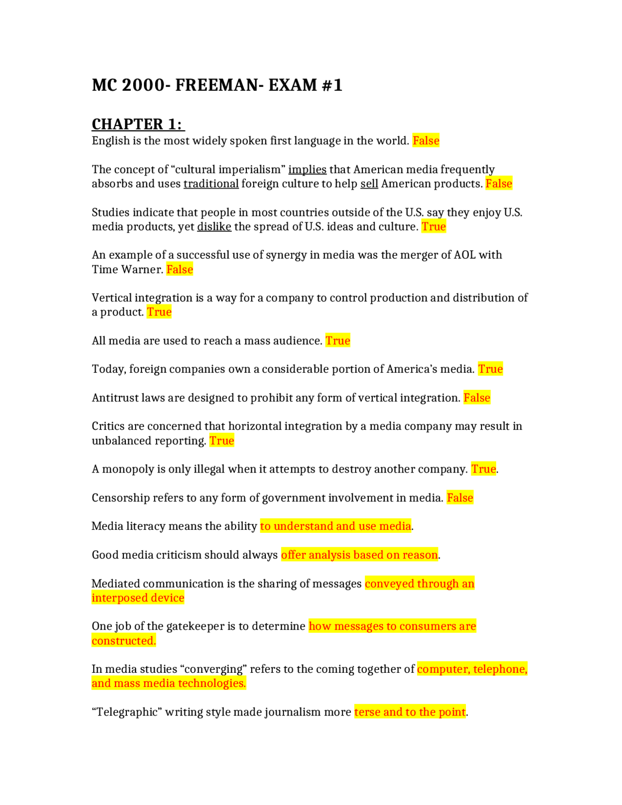 Exam 1 Solutions Introduction To Mass Media Mc 2000 Docsity