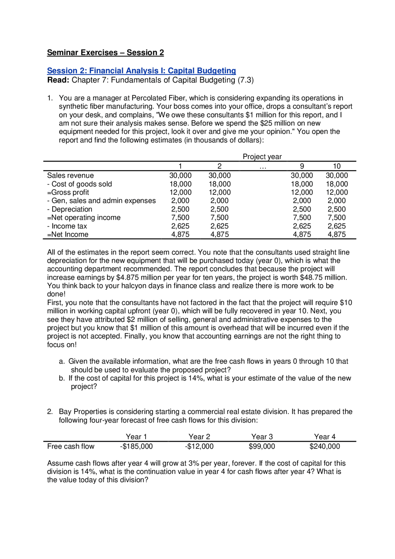 Finance Exercises 2 - Financial analysis and capital Budgeting - LBS ...