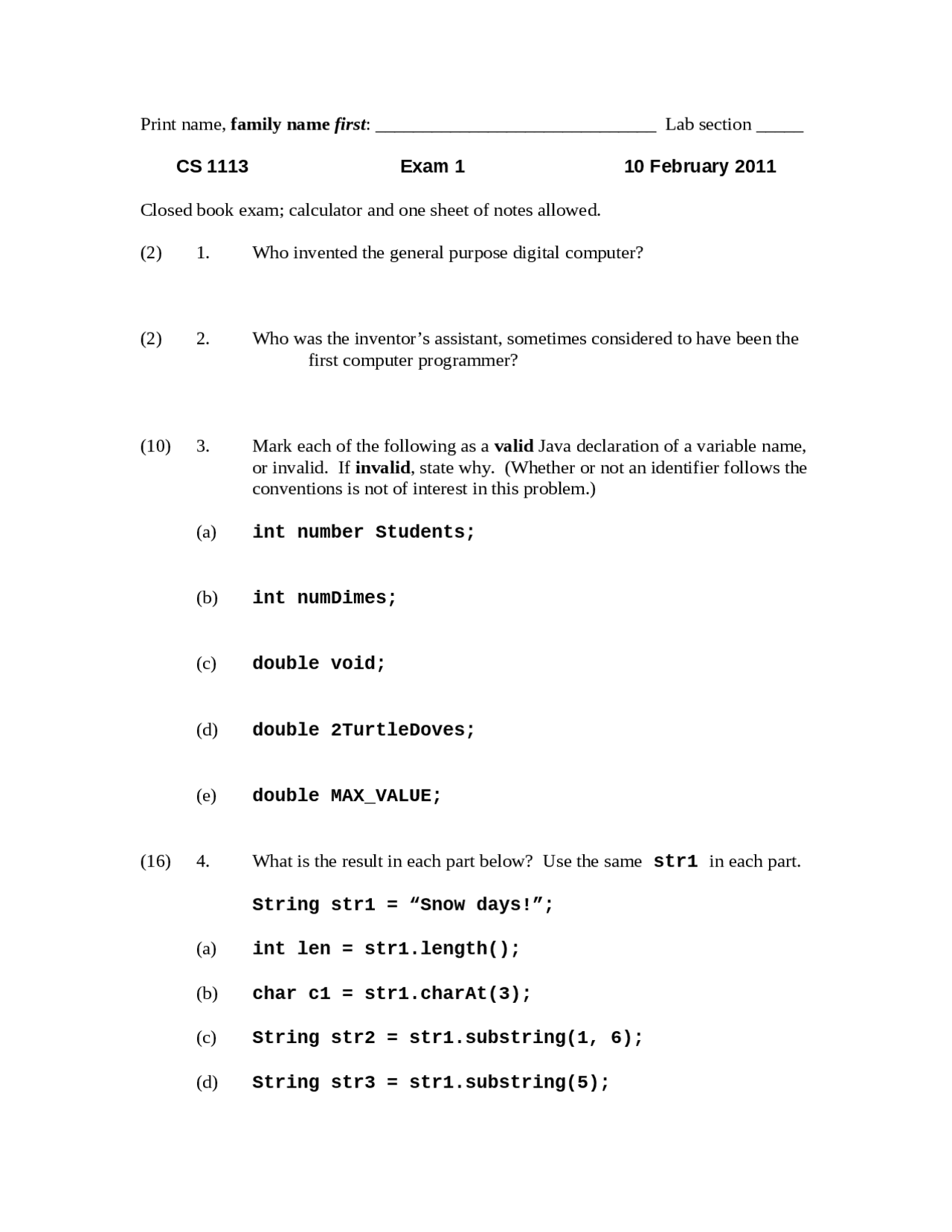 20 Questions With Answers On Computer Science I Exam 1 Cs 1113