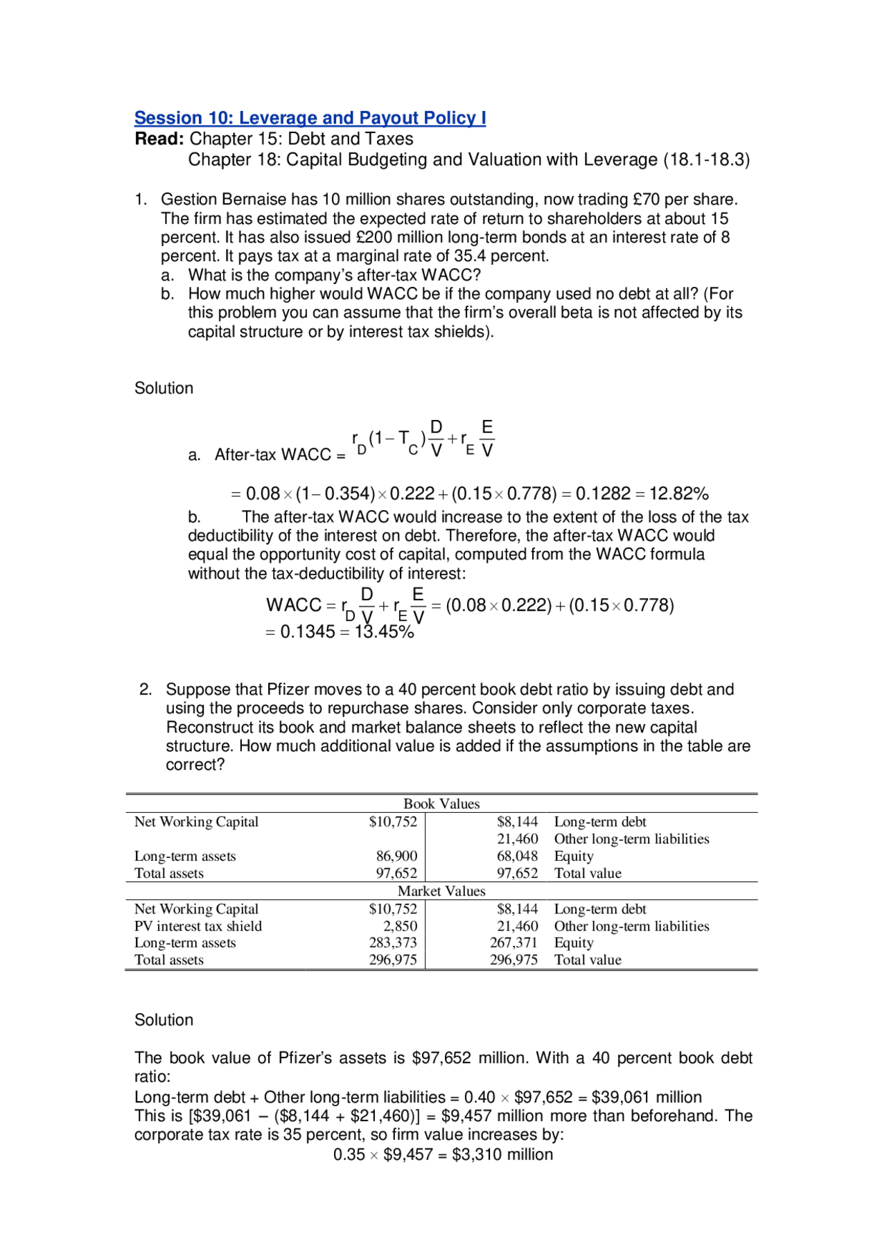Finance Exercises 10 - Leverage and Payout Policy - LBS, Solutions ...