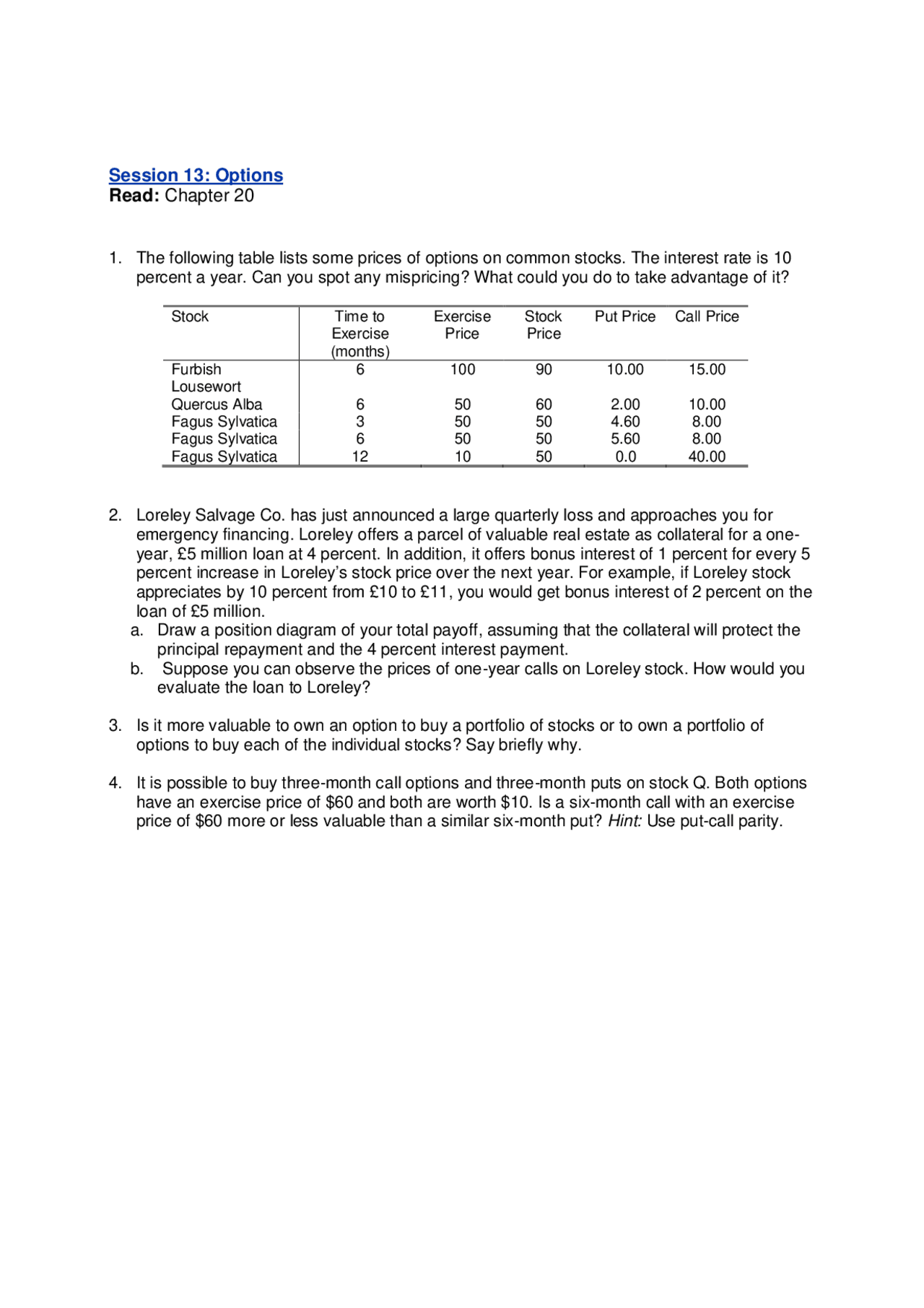 Finance Exercises 13 Options Lbs Docsity