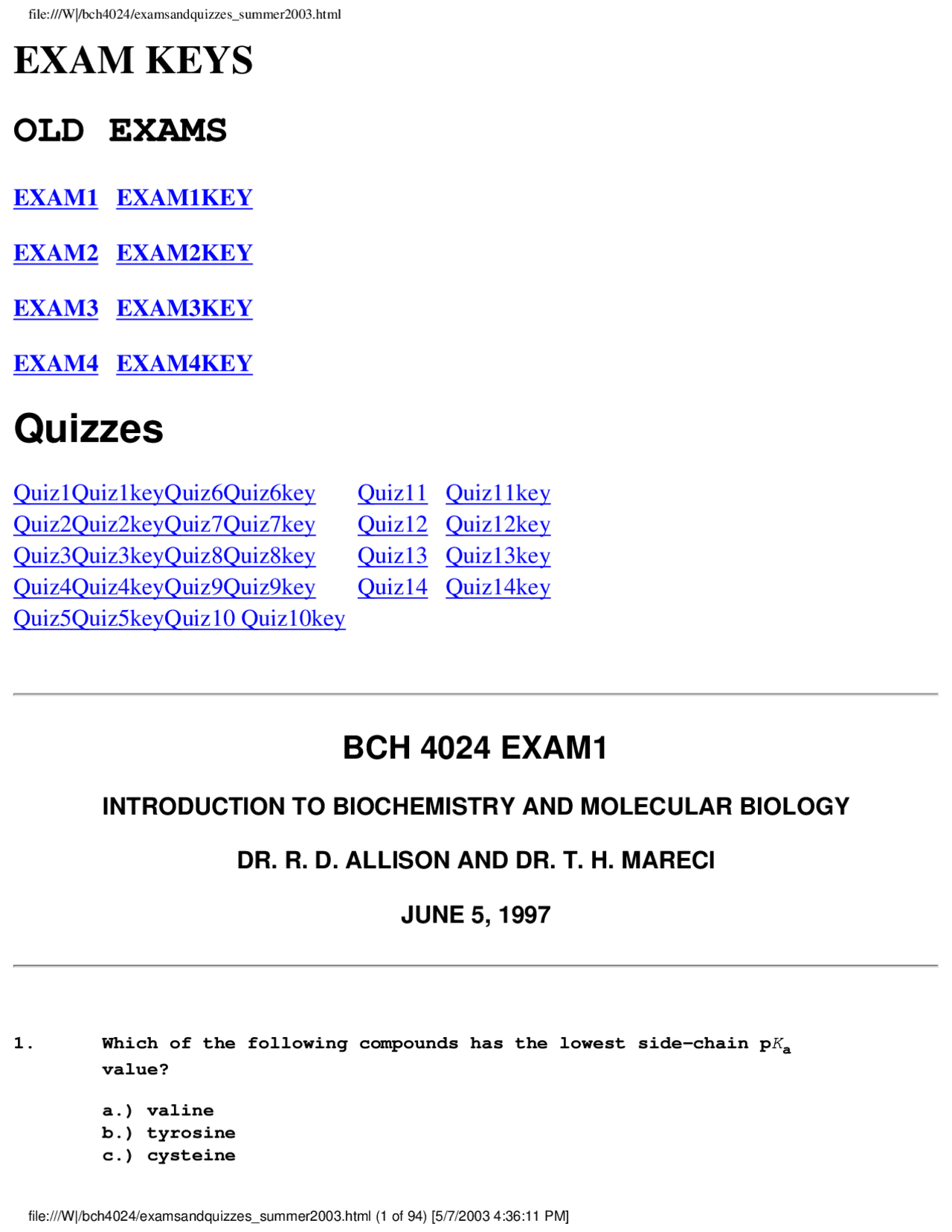 Final Exam Key For Introduction To Biochemistry Bch 4024 Docsity