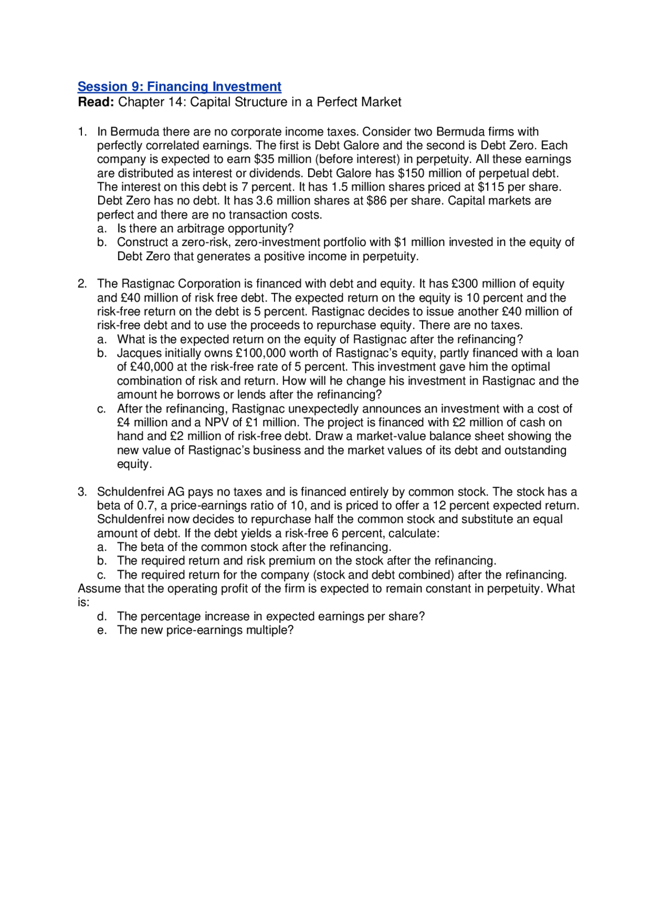 Finance Exercises 9 Capital Structure In A Perfect Market Lbs Docsity