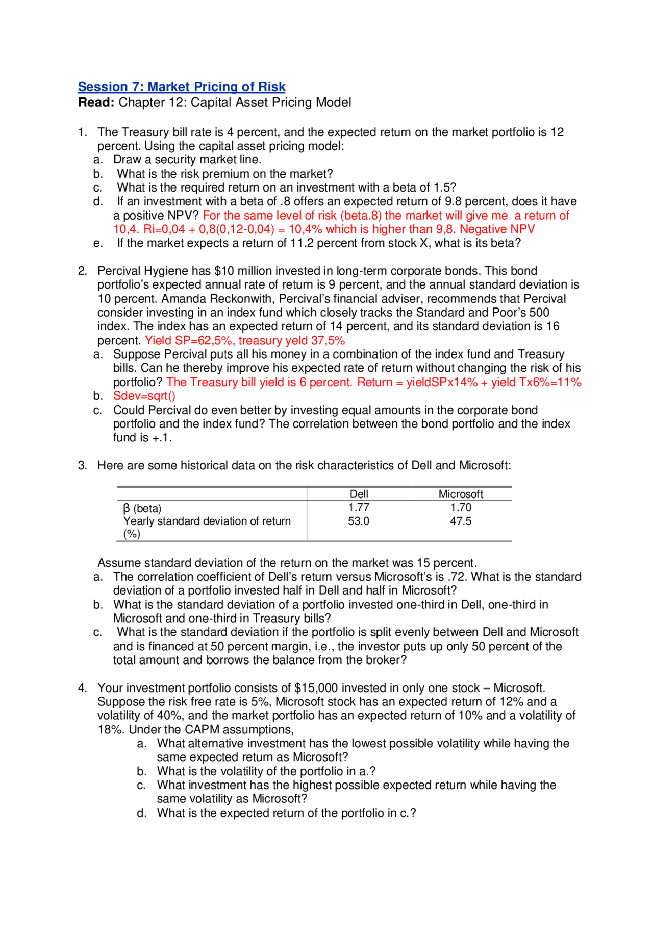 Finance Exercises 7 Market Pricing Of Risk Lbs Docsity