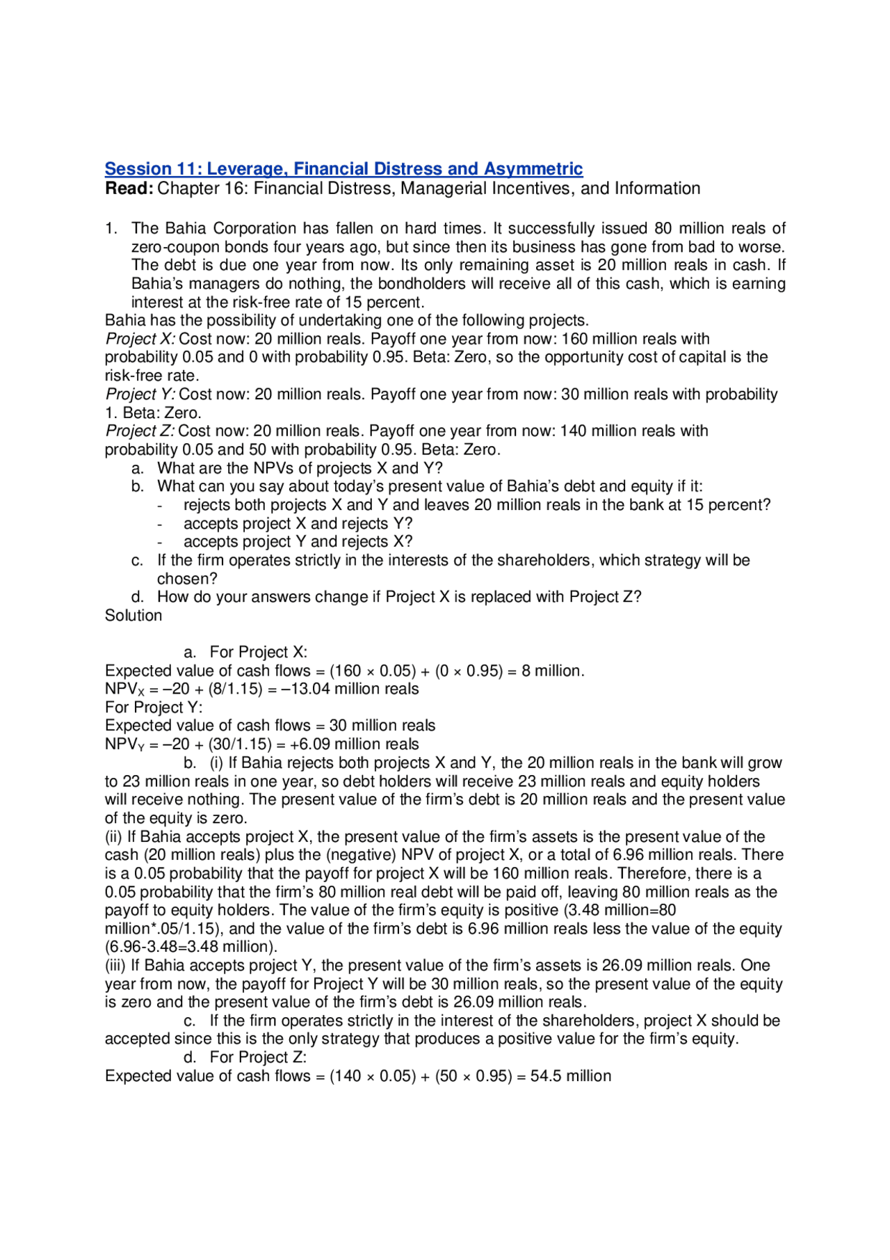 Leverage, Financial Distress and Asymmetric - Finance Exercises 11 ...