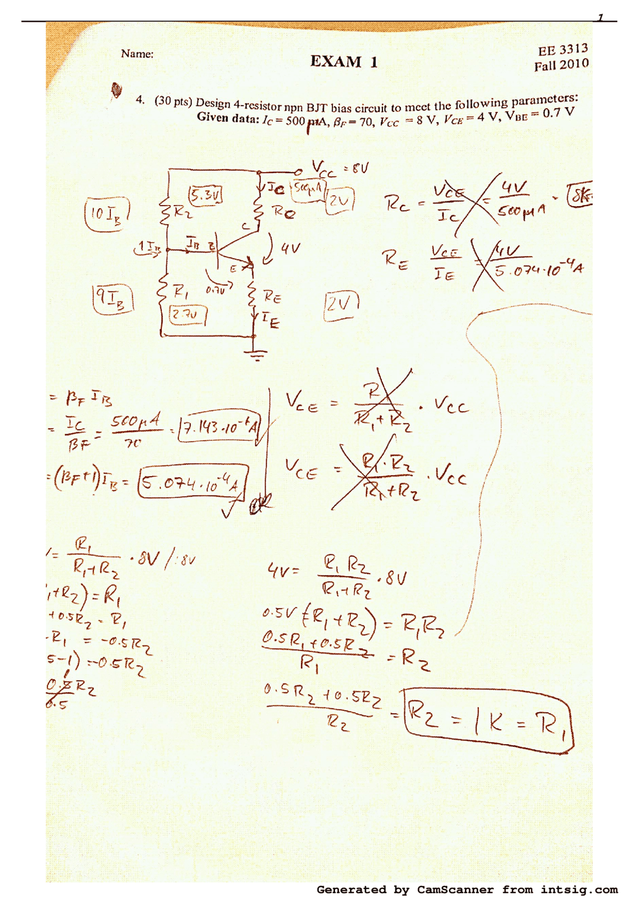 Exam 1 Solved Electronic Circuits I Ee 3313 Docsity