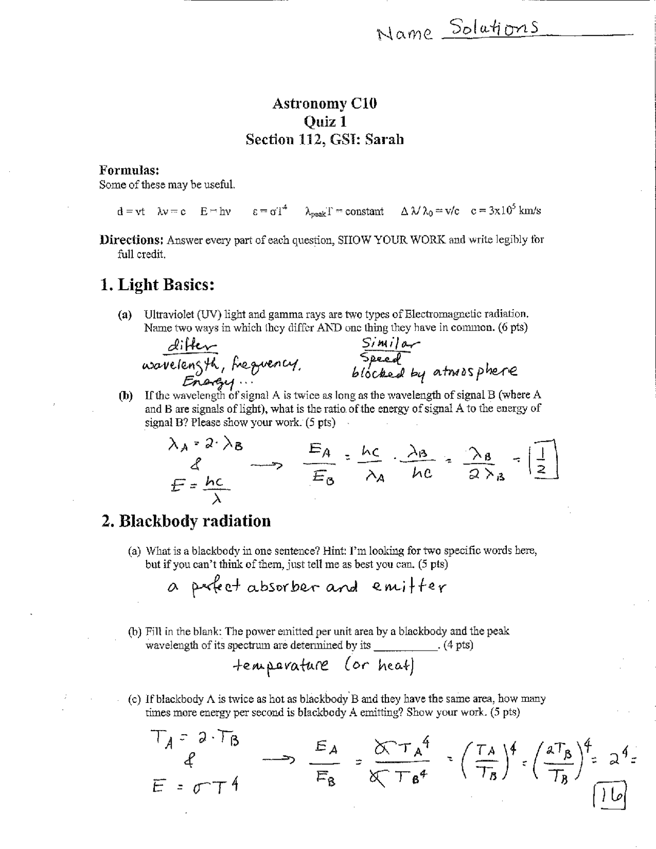 Quiz 1 For Solution Key Introduction To General Astronomy Astron 10