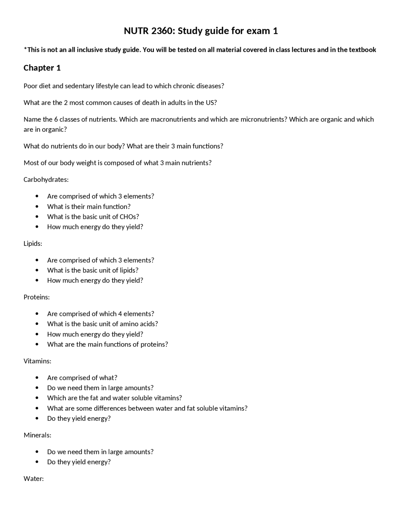 Exam 1 Review Sheet Nutrition Science Nutr 2360 Docsity