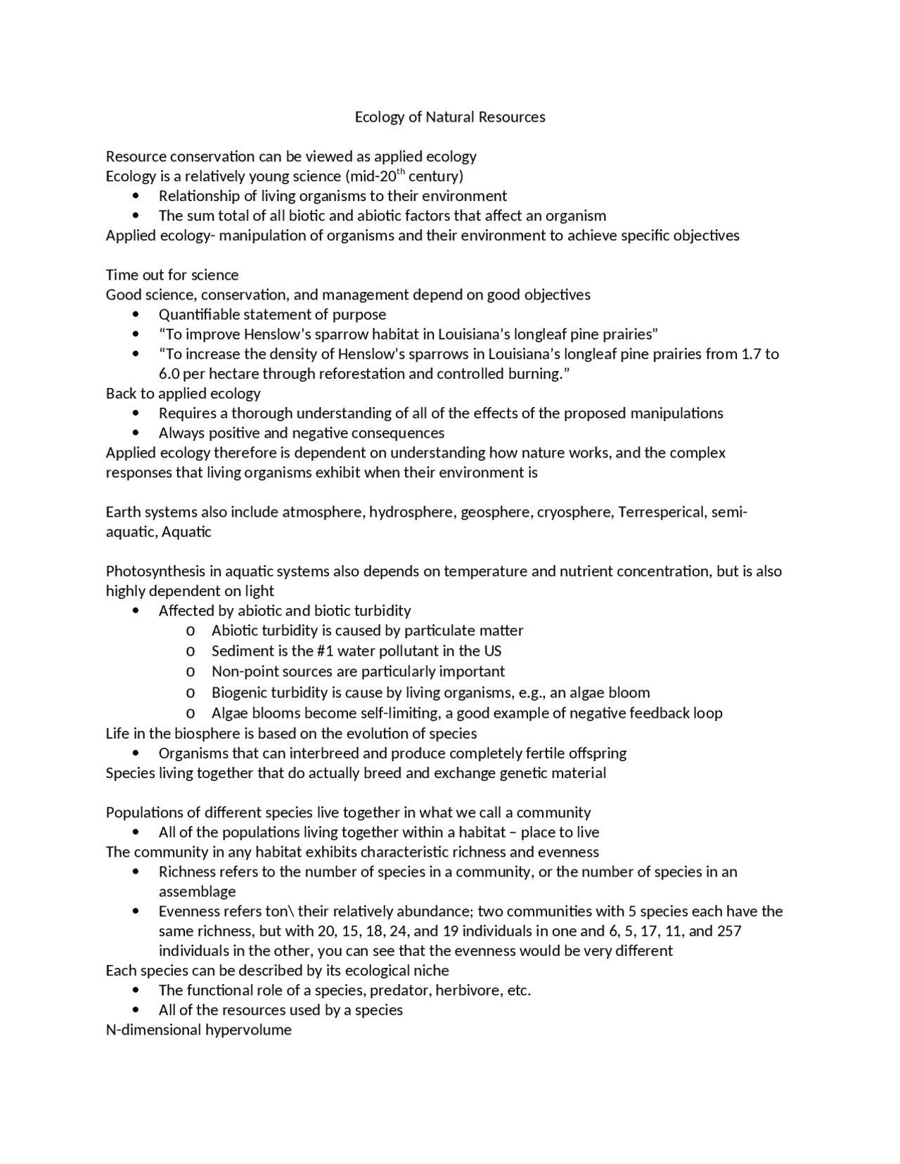 Ecology Of Natural Resources Lecture Notes Rnr 1001 Docsity
