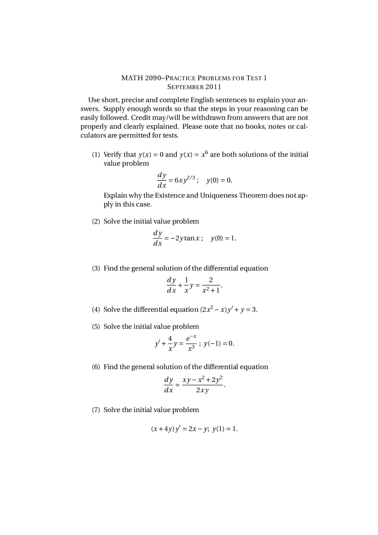 20 Practice Problems On Elementary Differential Equations Test 1