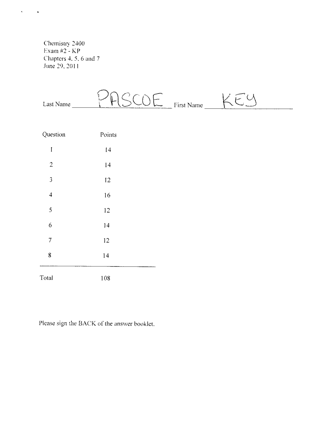 Organic Chemistry I Solved Test Two Chem 2400 Docsity