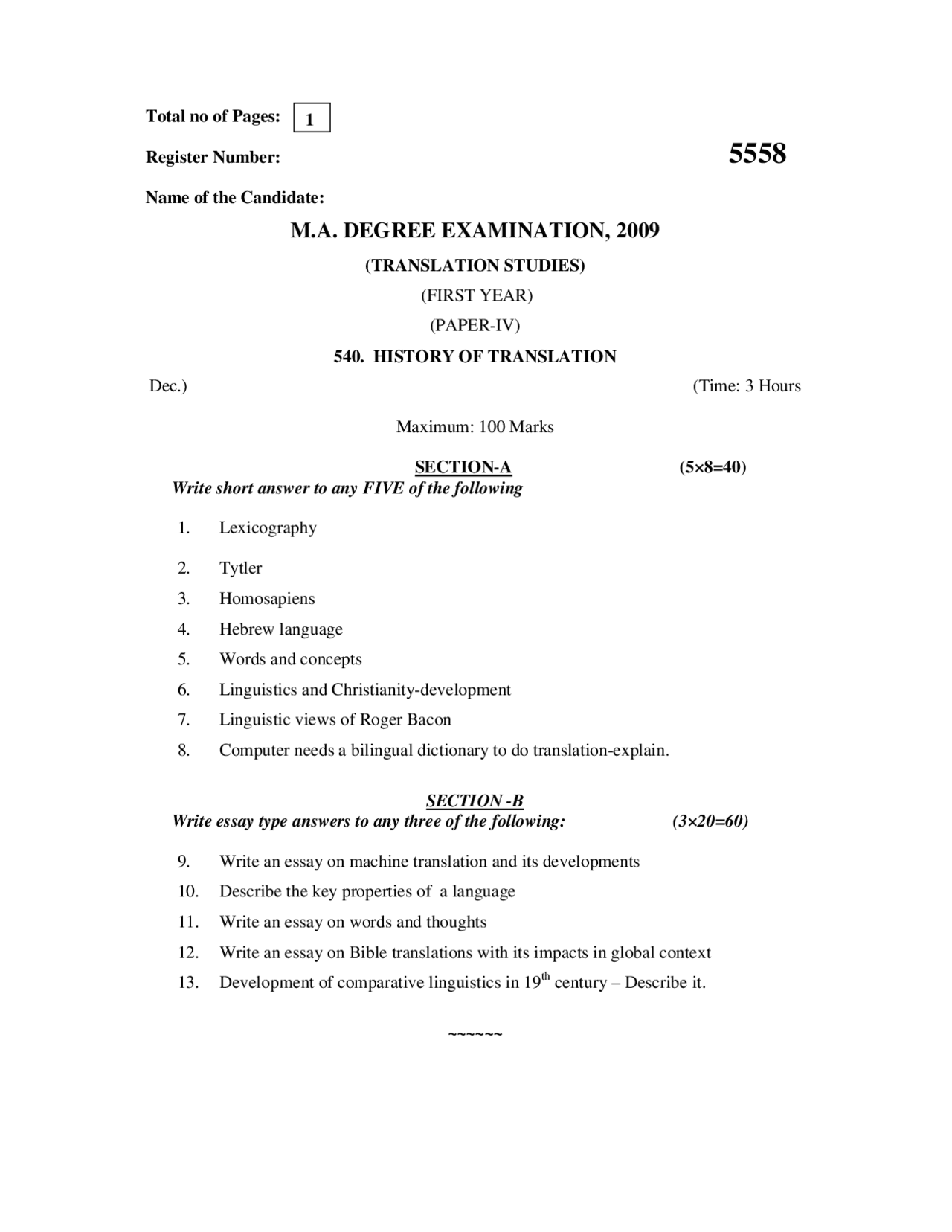 Test Paper - History of Translation - Annamalai University Master of ...