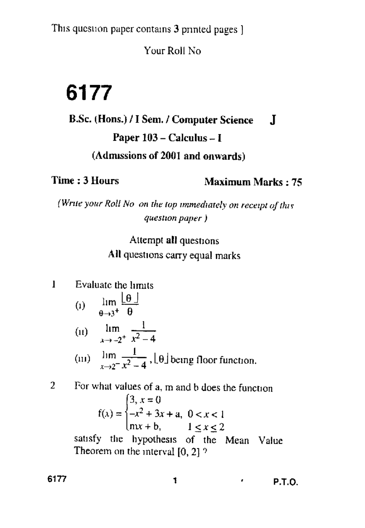 Test Paper - Calculus - I - Computer Science - Delhi University ...