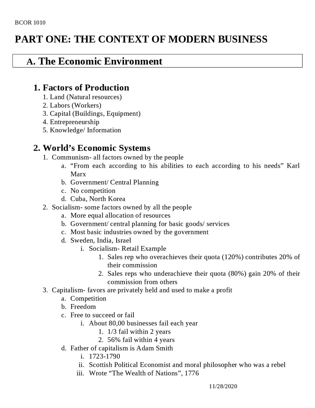 Review For Midterm Exam 1 Introduction To Business Bcor 1010 Docsity