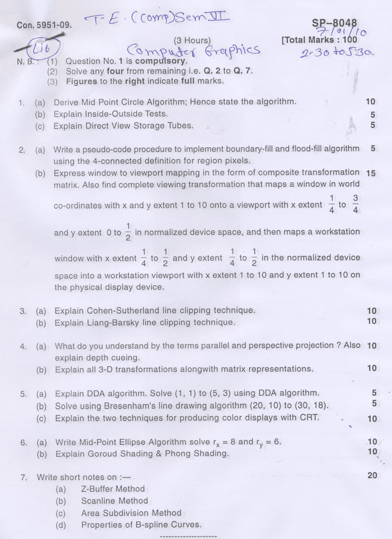 Test Paper - Computer Graphics - Mumbai University - Computer Science ...