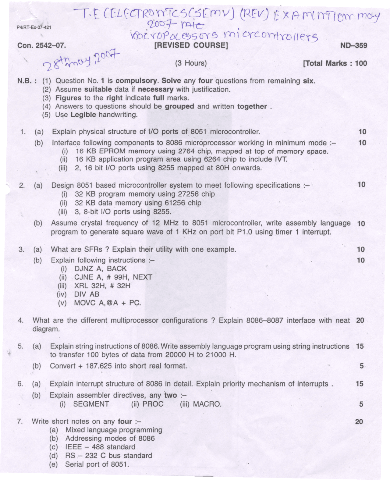 Test Paper Microprocessors And Microcontrollers Mumbai University