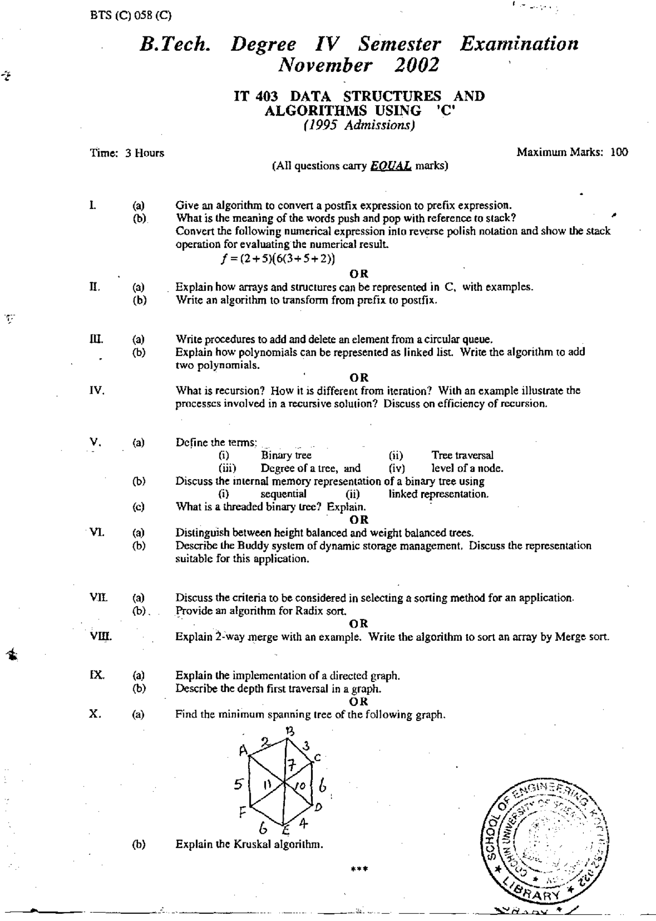 Test Paper Data Structures And Algorithms Cochin University
