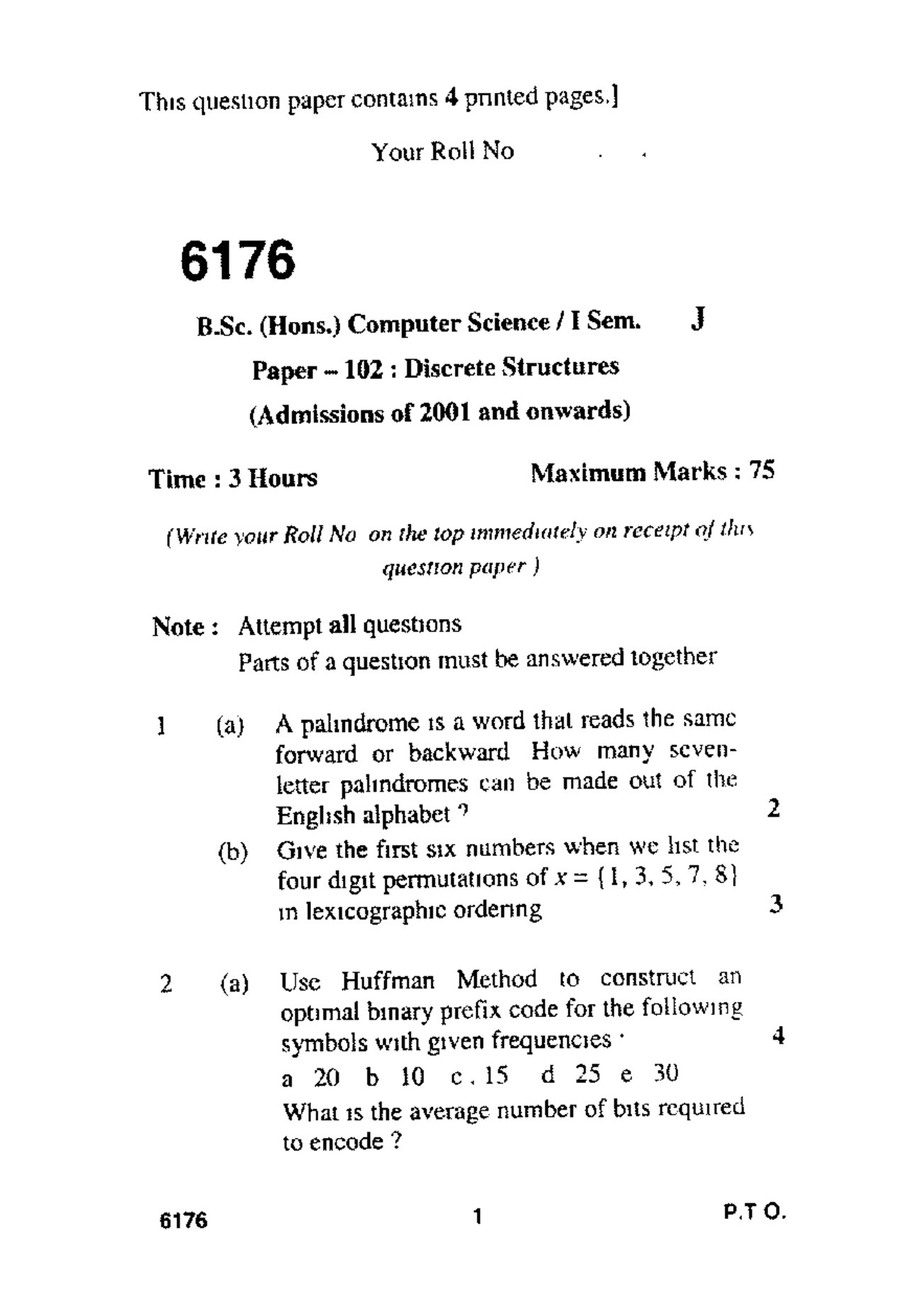 Test Paper Discrete Structures Computer Science Delhi University
