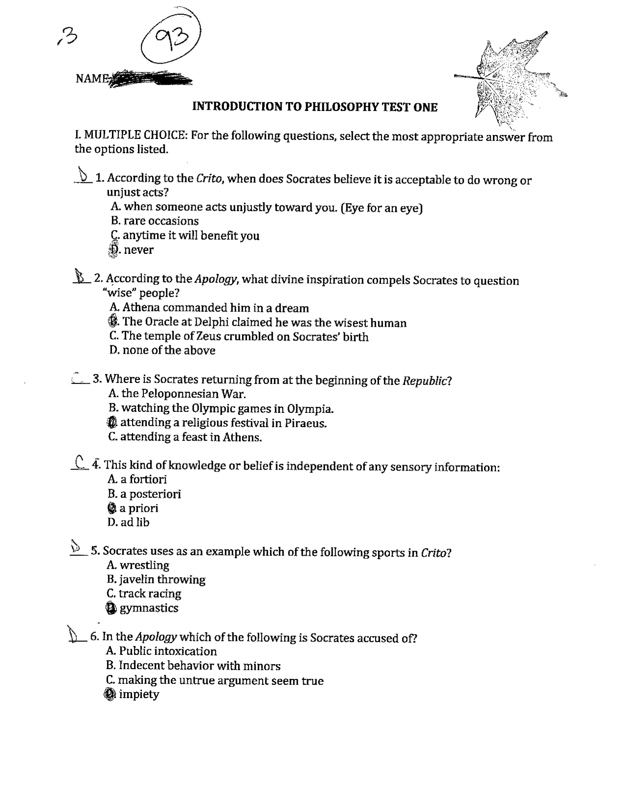 Introduction to Philosophy Test 1 Questions with Answer | PHIL 1050 ...