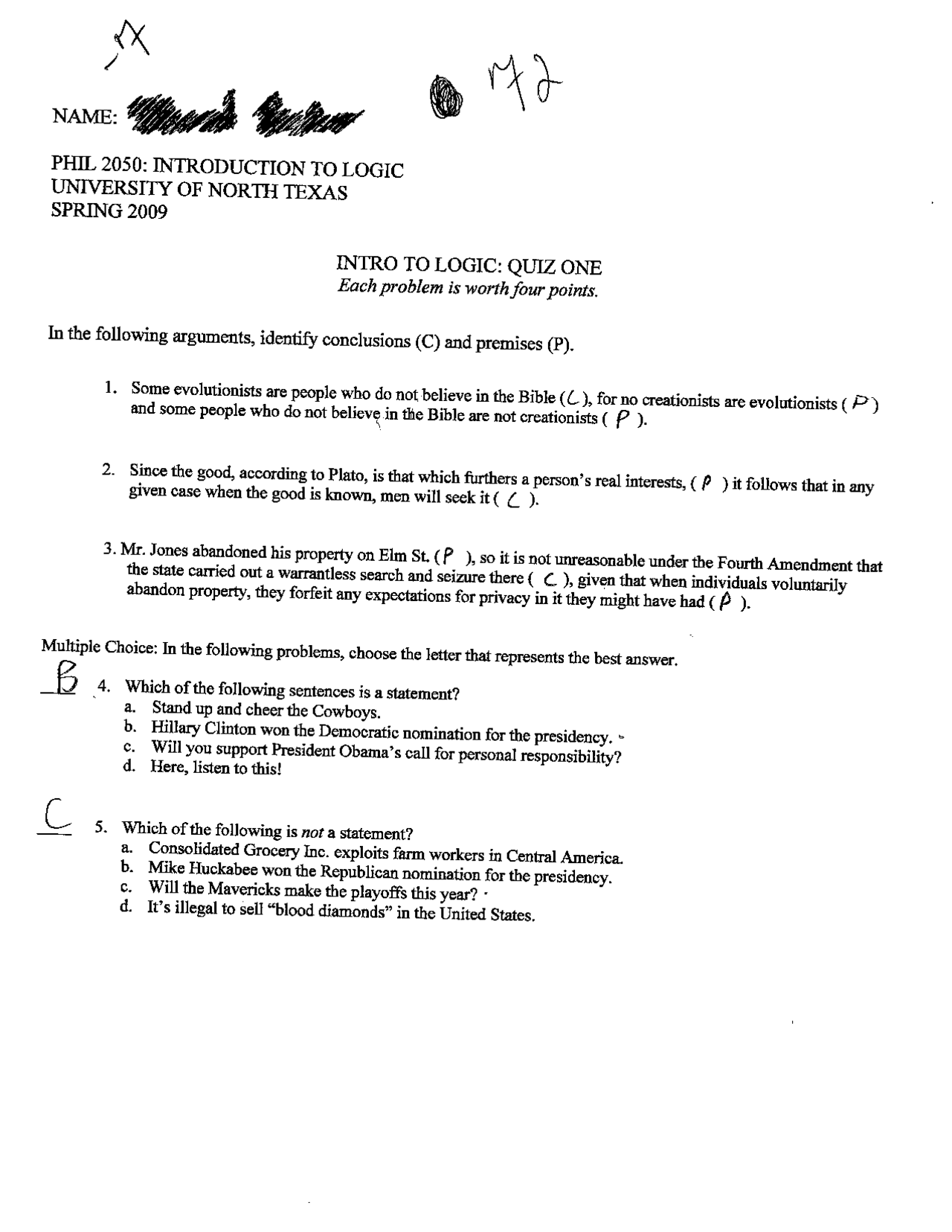 Introduction to Logic - 25 MCQs with Answer Quiz 1 | PHIL 2050 | Quizzes Reasoning | Docsity