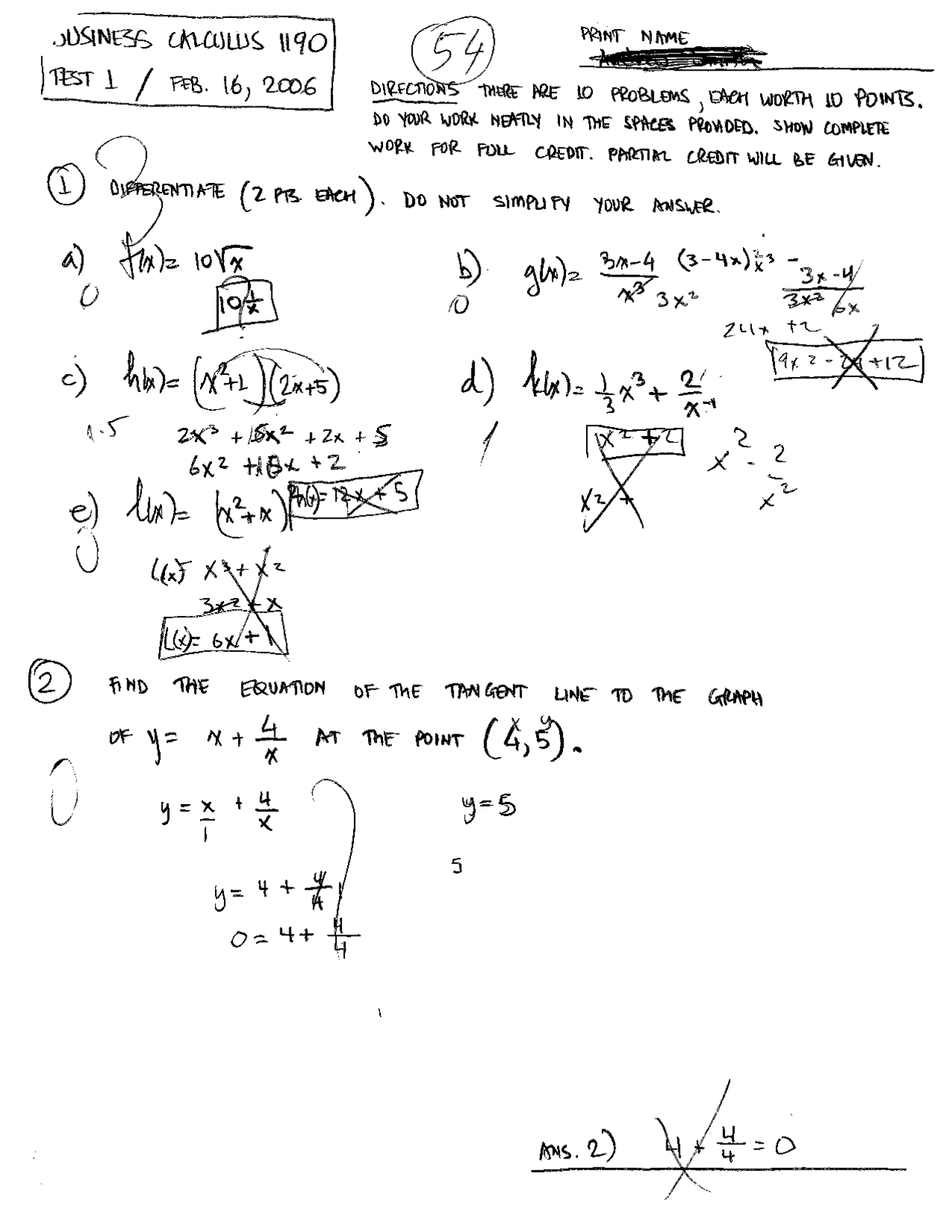 Quiz With Solution On Business Calculus Math 1190 Docsity