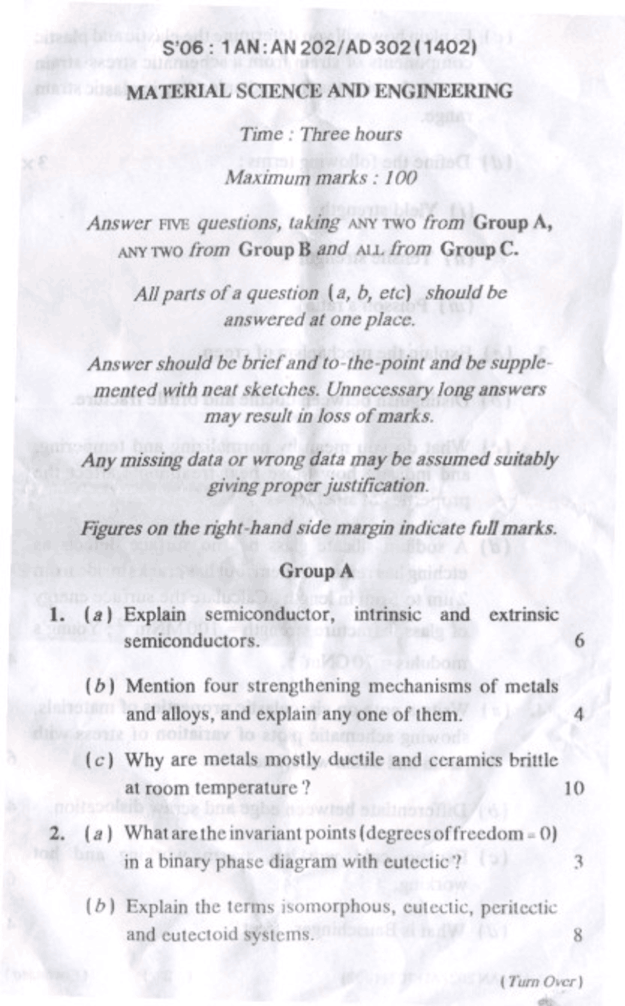 Test Paper Material Science And Engineering Associate Member Of The