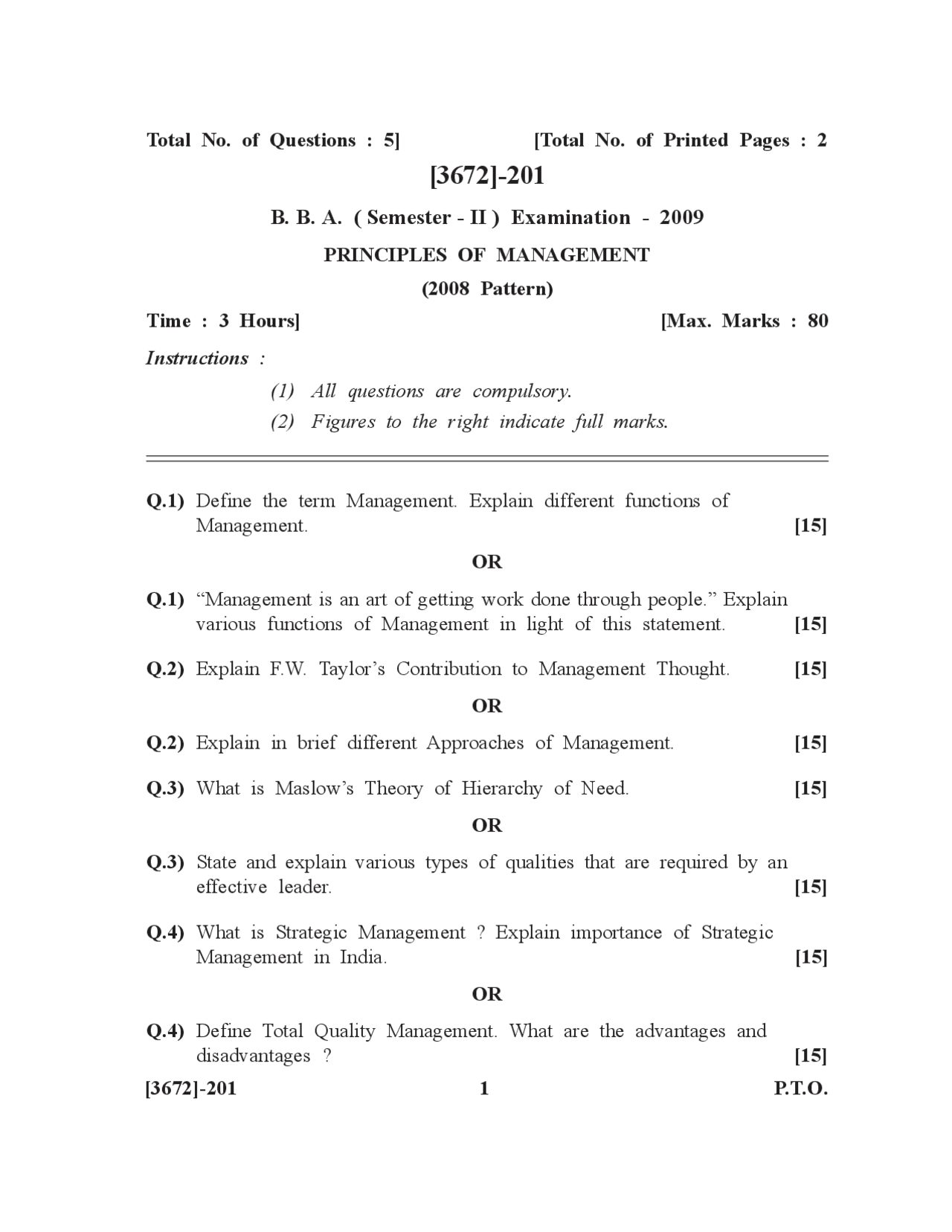Test Paper - PRINCIPLES OF MANAGEMENT - University Of Pune - Bachelor ...