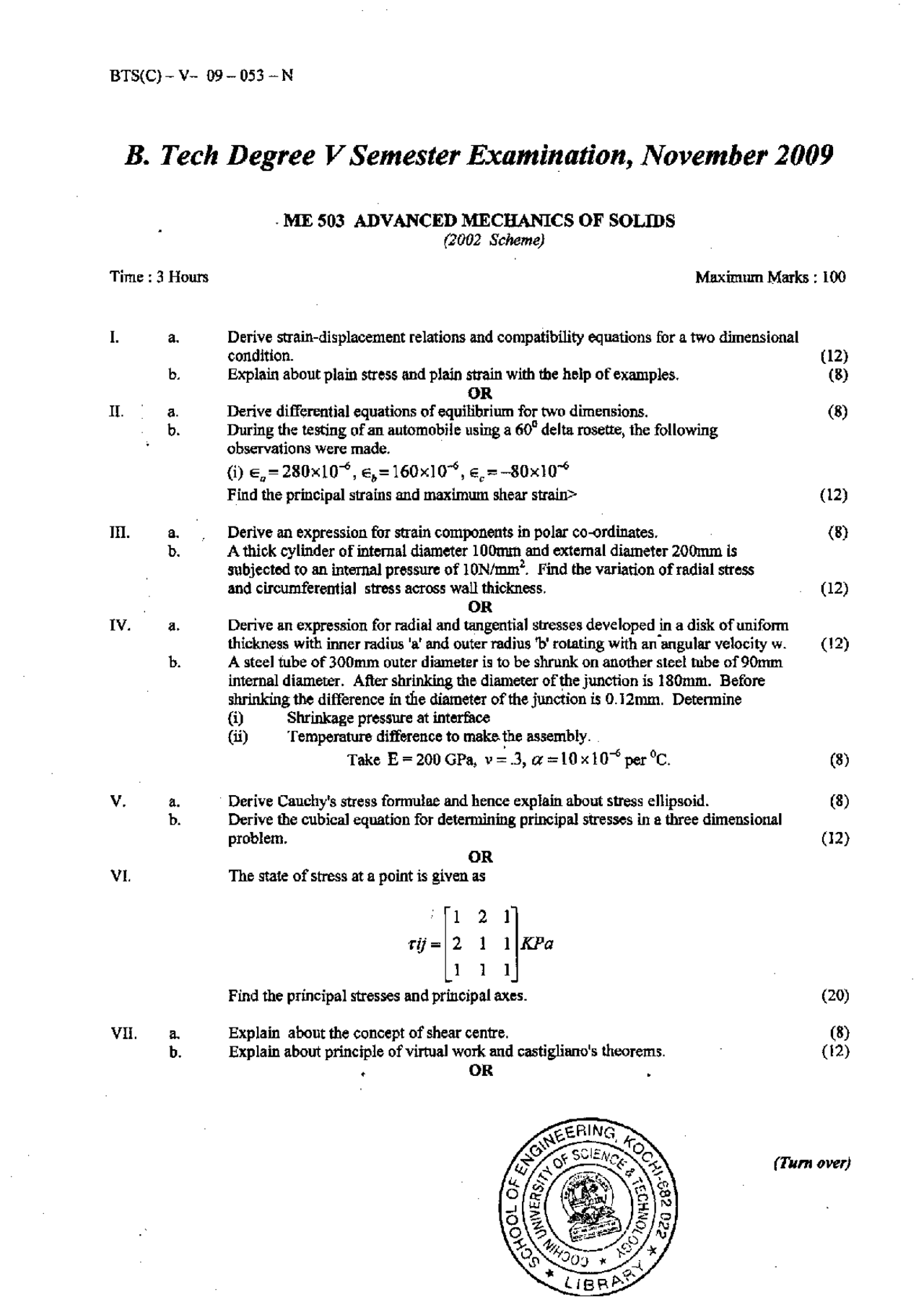 Test Paper - Advanced Mechanics of Solids - Cochin University ...