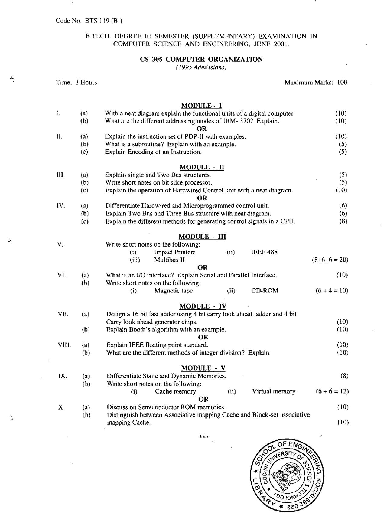 Test Paper Computer Organization Cochin University Computer