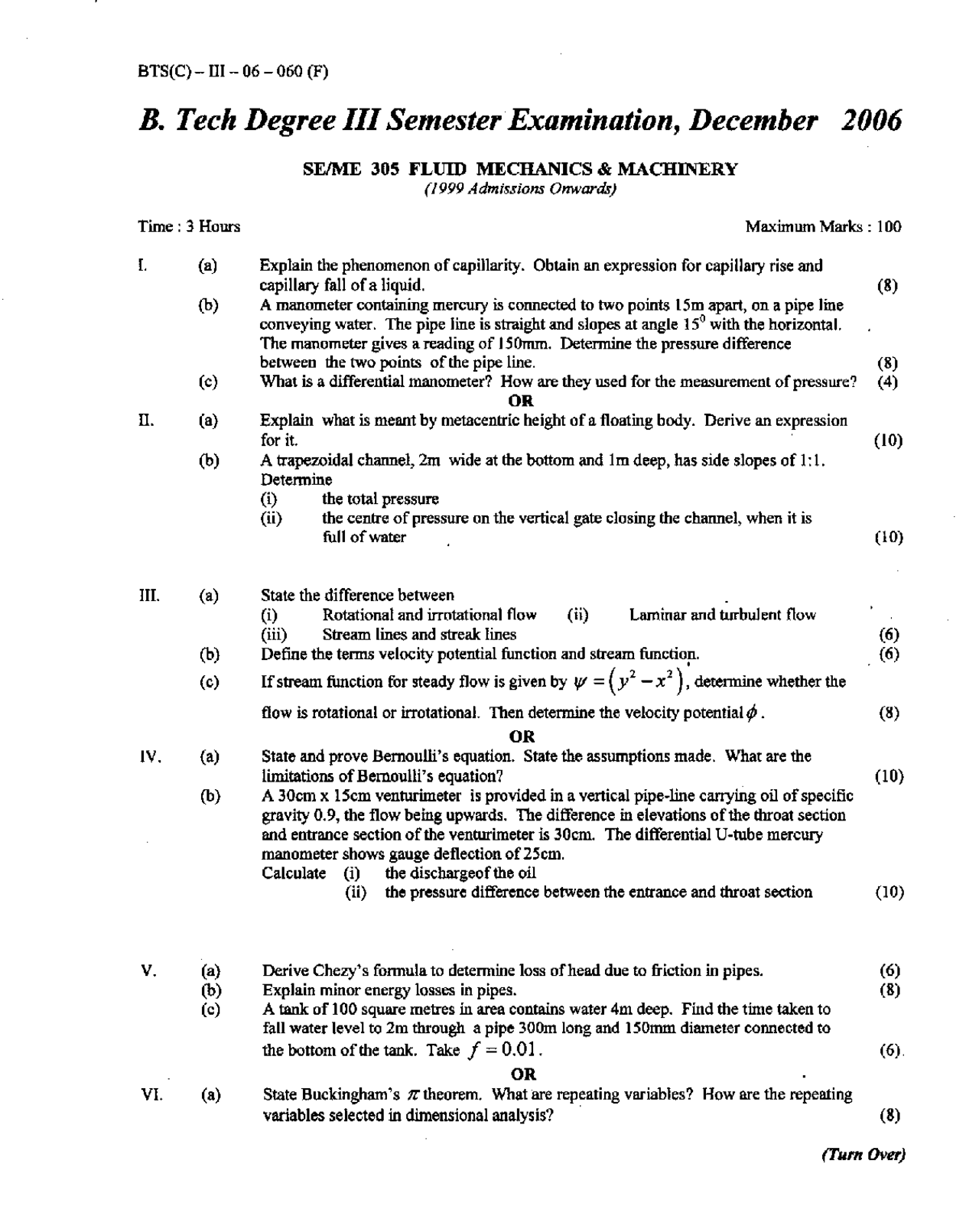 Test Paper - Fluid Mechanics and Machinery - Cochin University ...