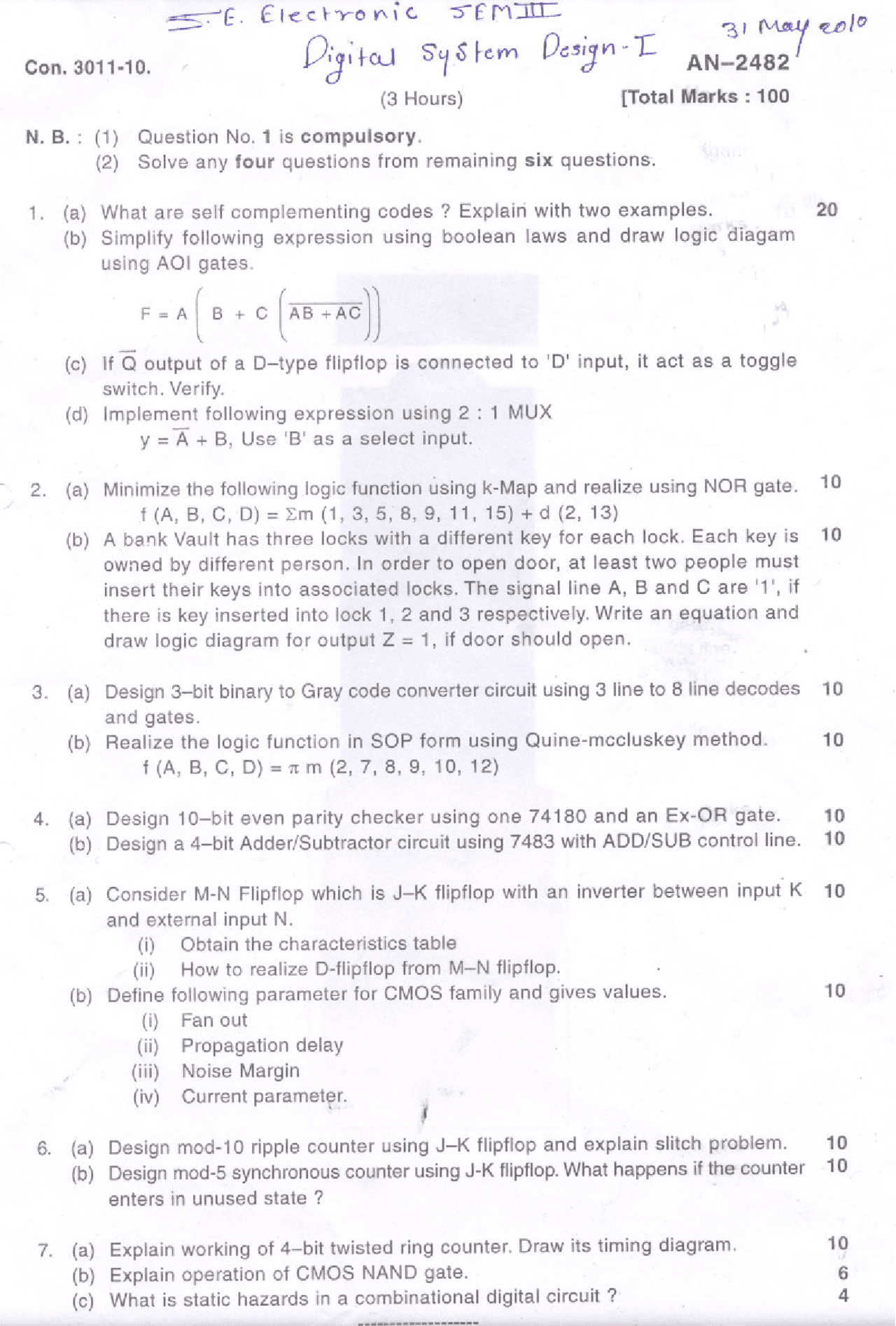 Test Paper - Digital Logic Design and Application - Mumbai University ...