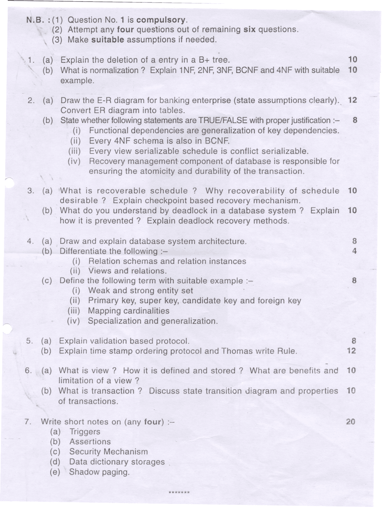 Test Paper Database Management Mumbai University Computer Science Engineering 4th 
