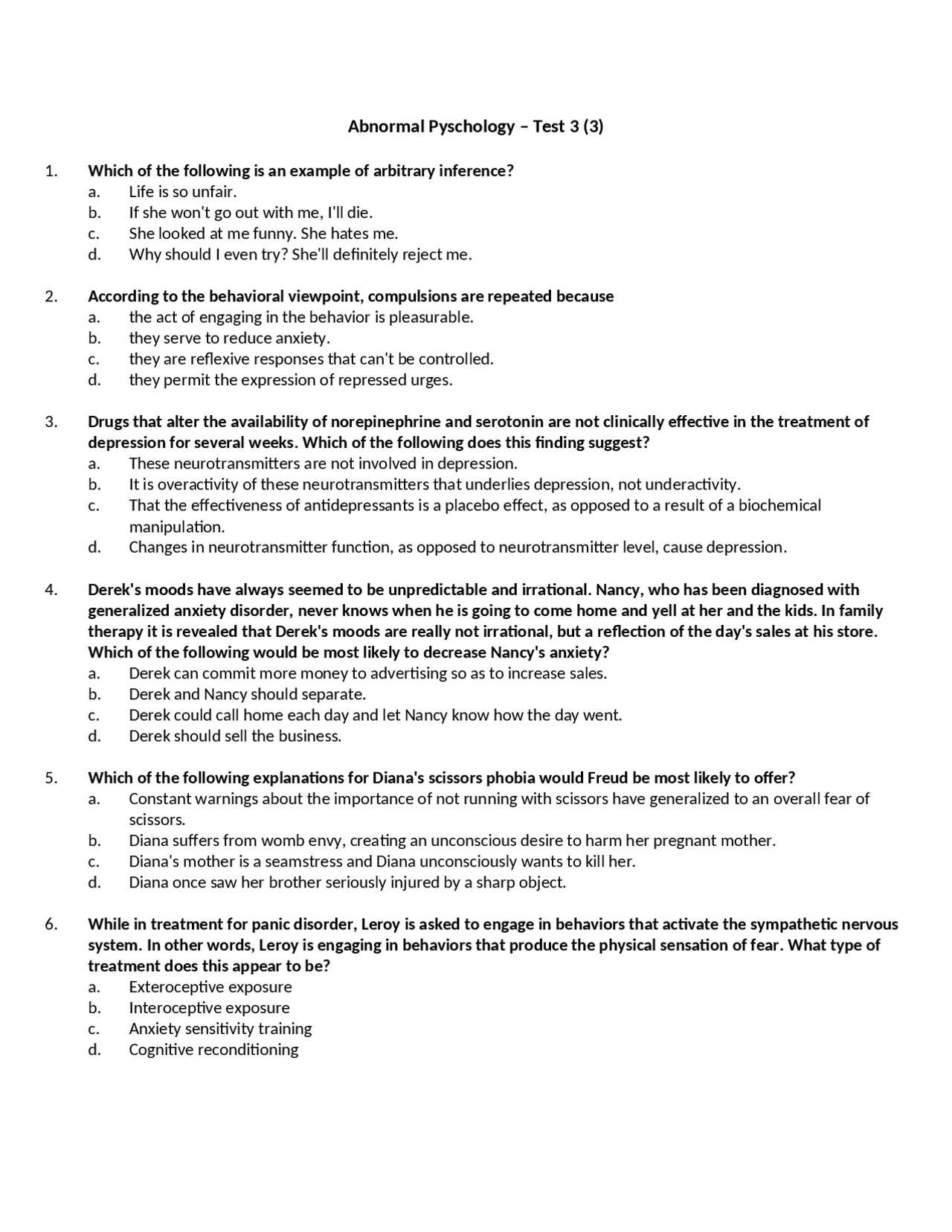 Test 3 For Abnormal Psychology Psyc 3230 Docsity