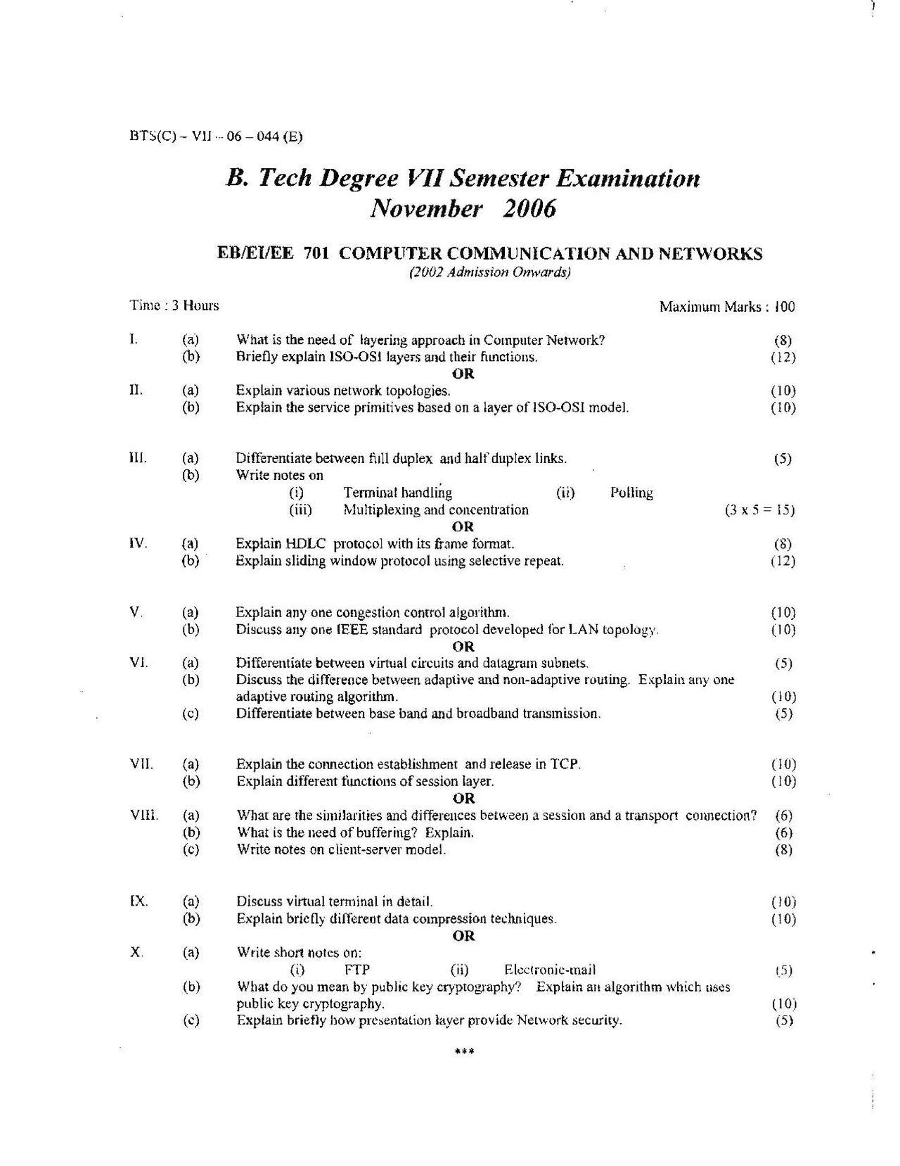 Test Paper Computer Communication And Networks Cochin University