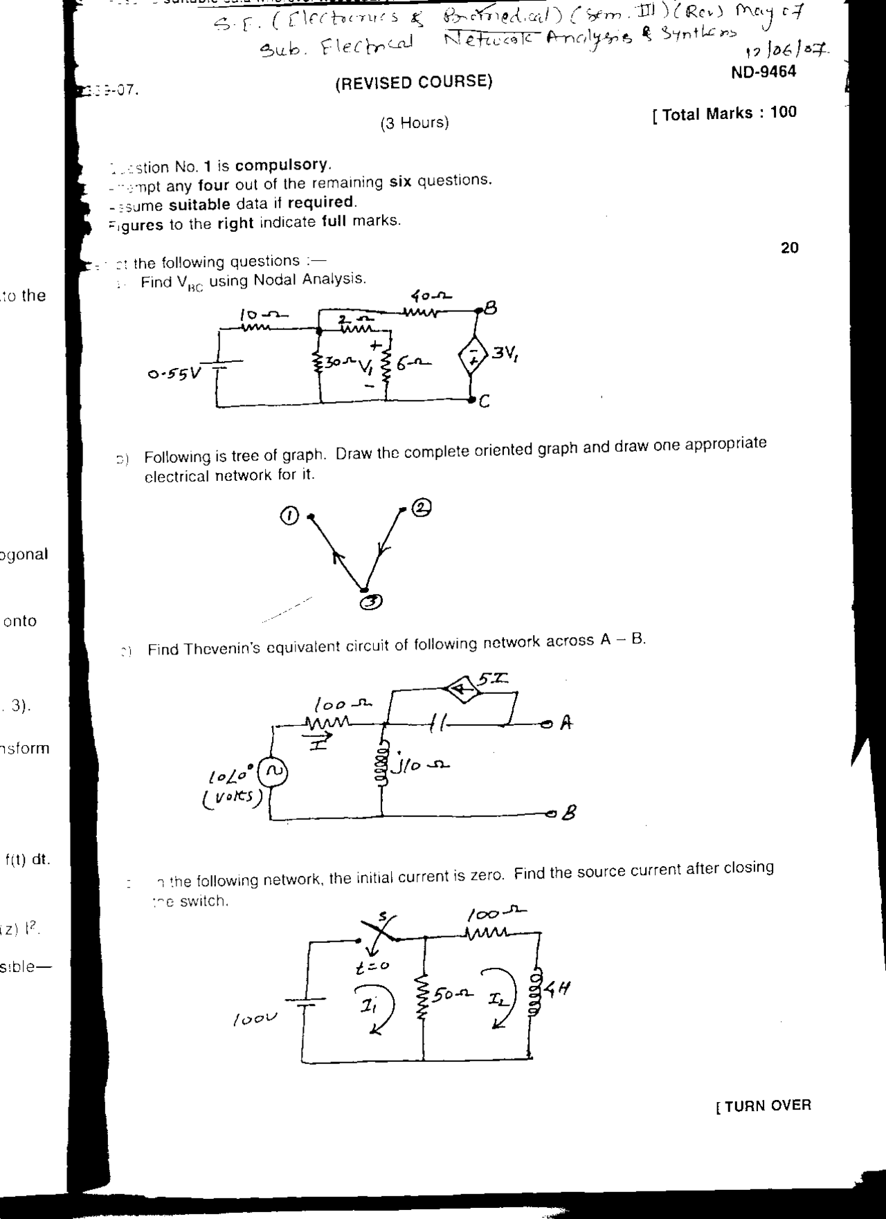 Test Paper Electrical Network Analysis And Synthesis Mumbai