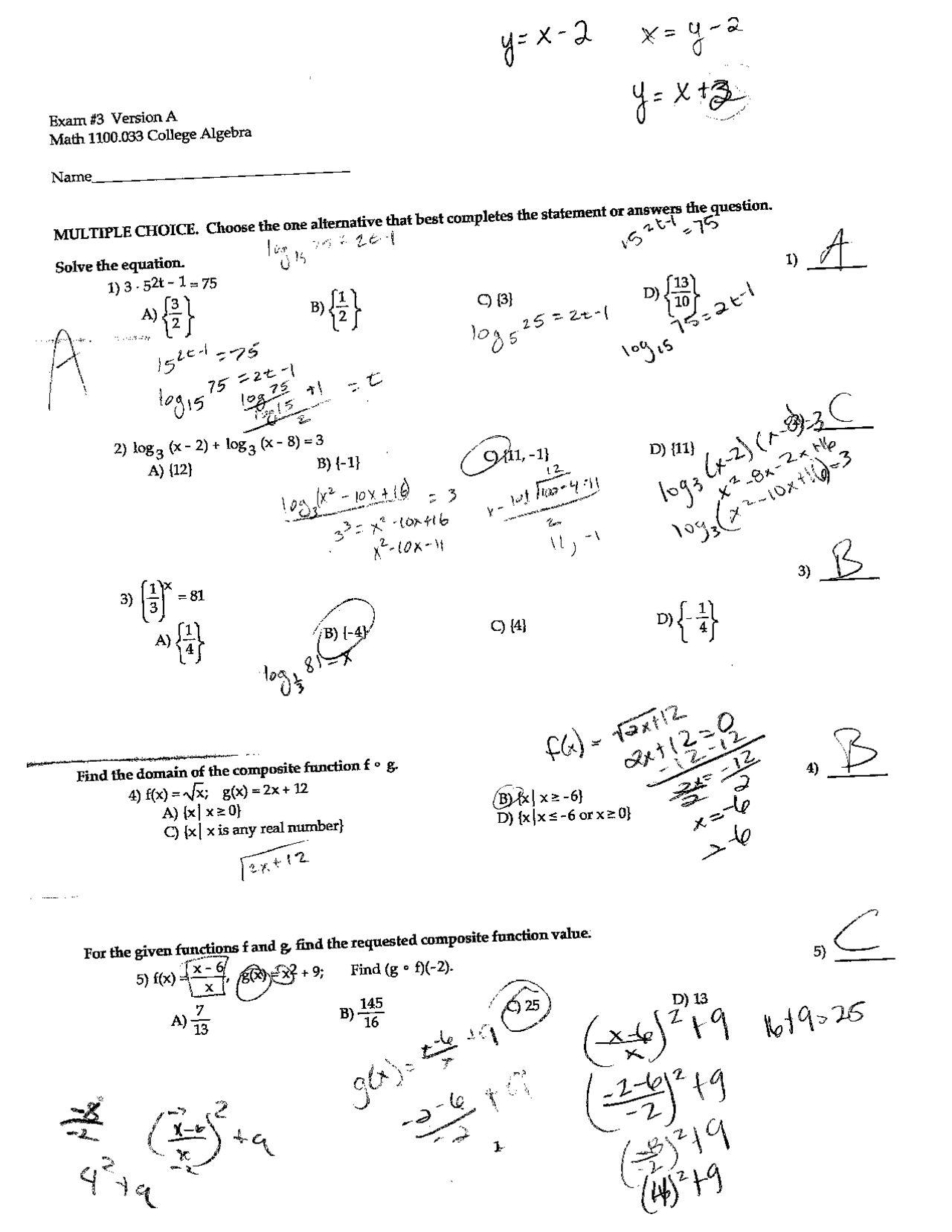 Exam 3 Version A with Solutions - Algebra | MATH 1100 - Docsity