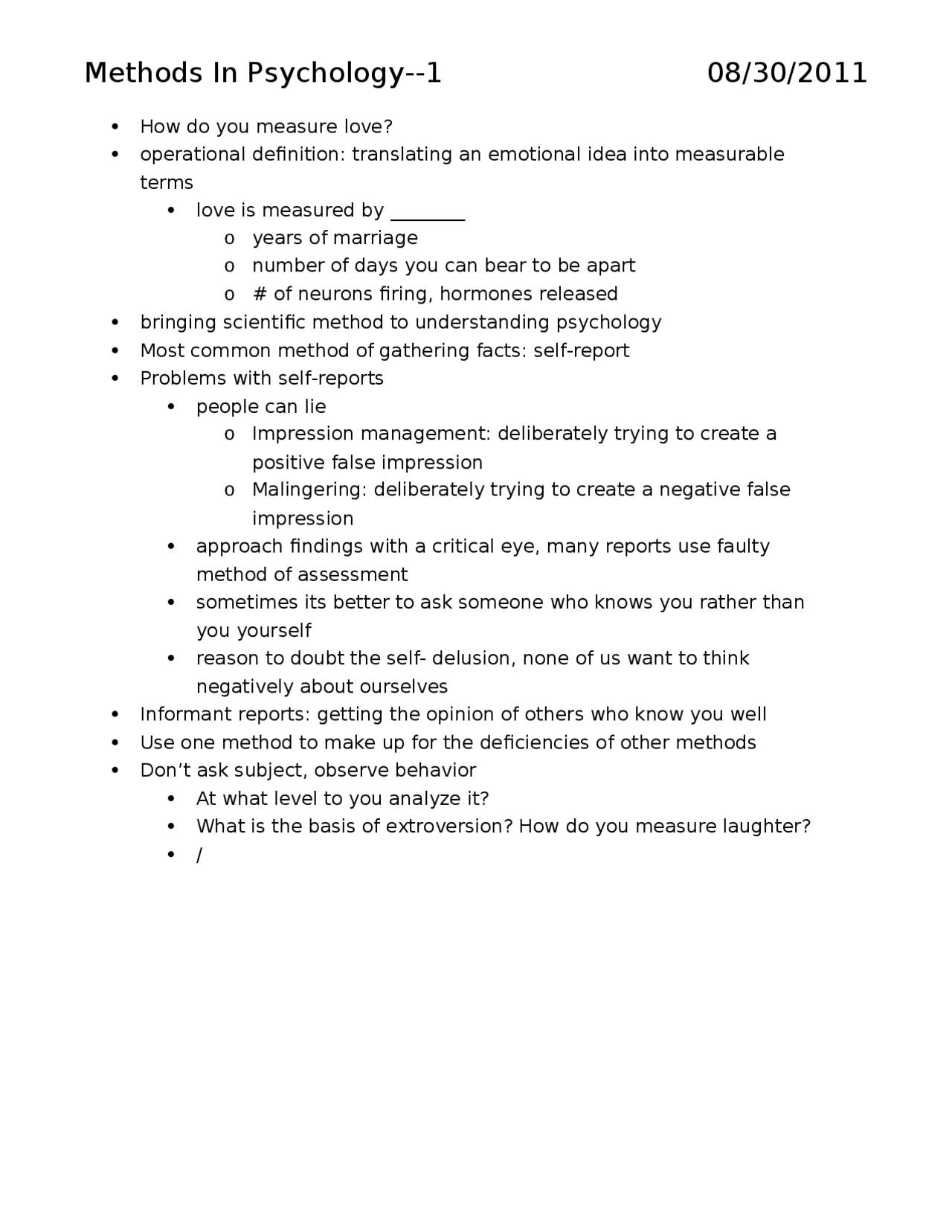Lecture Notes First Month Introduction To Psychology Psy 301 Docsity