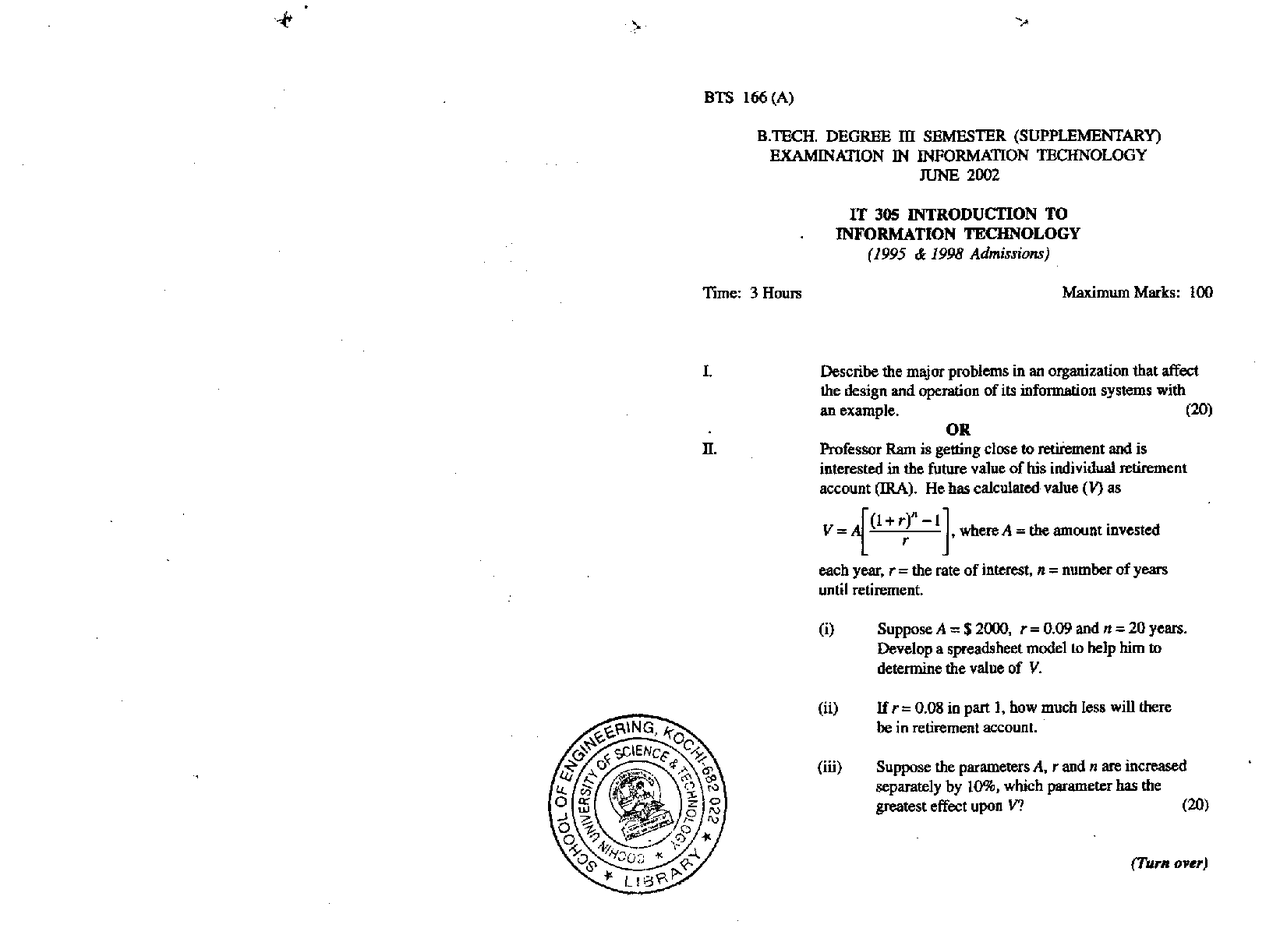 Test Paper Introduction To Information Technology Cochin University