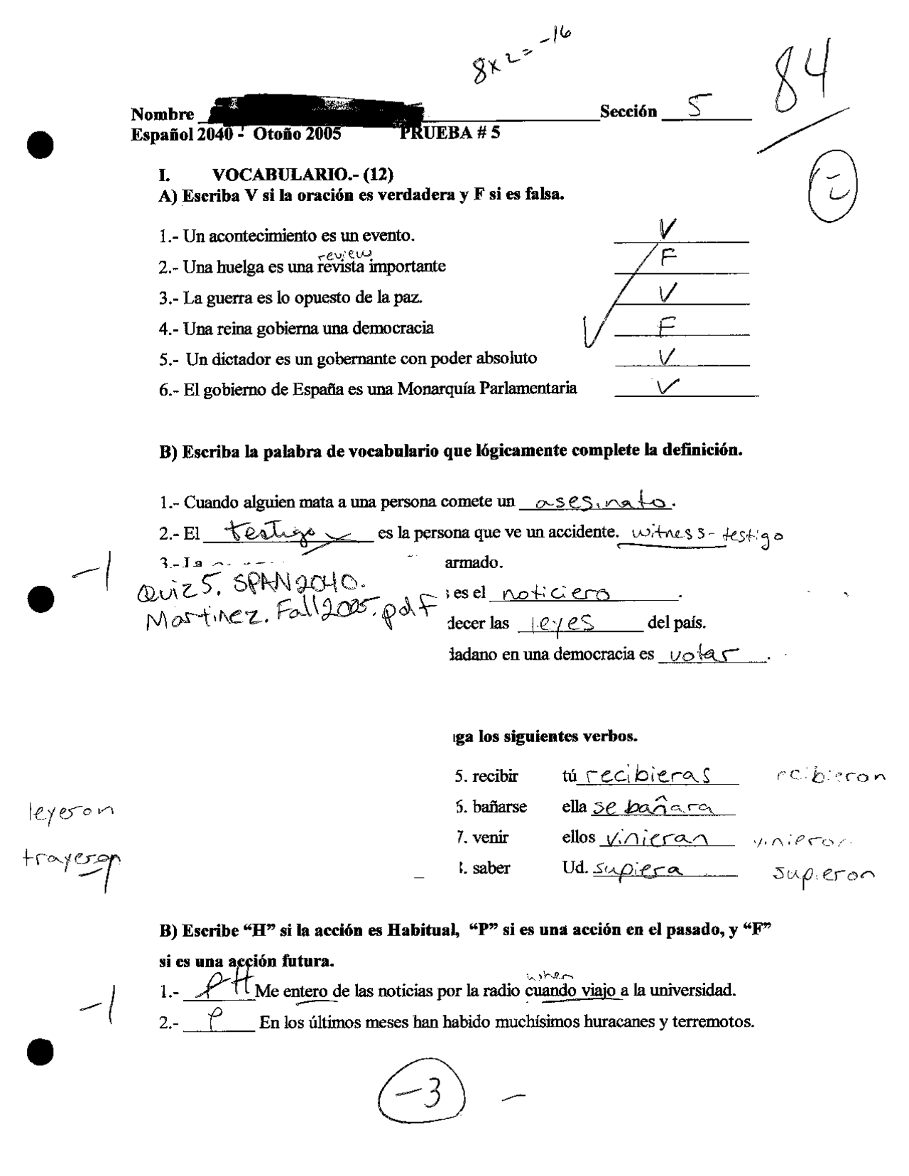 Solved Questions Quiz 5 - Intermediate Spanish | SPAN 2040 - Docsity