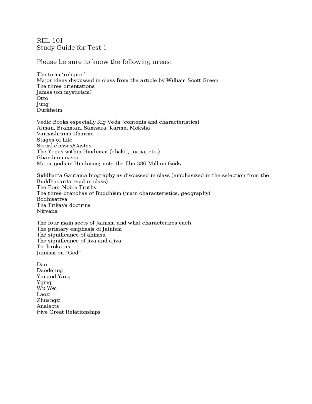 Study Guide for Test 1 - Introduction To Religion | REL 101 - Docsity