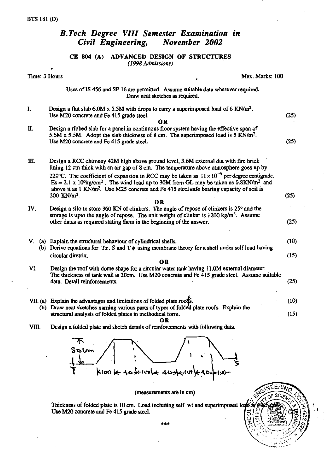 Test Paper Advanced Design Of Structures Cochin University Civil