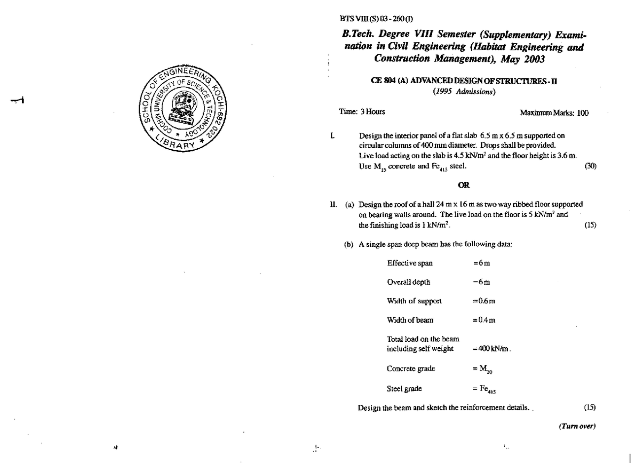 Test Paper Advanced Design Of Structures Cochin University Civil